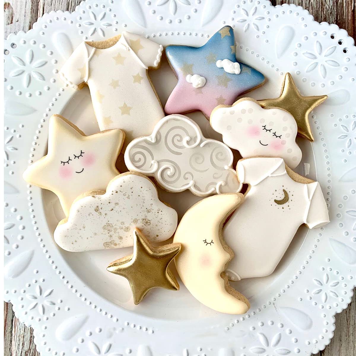 Twinkle Twinkle Little Star Themed Cookie Cutters, 7 Pack Baby Shower Baking Molds Stainless SteelĀ Biscuit Sandwich Cake Cutter Set with Moon, Star, Cloud, Baby Onesies