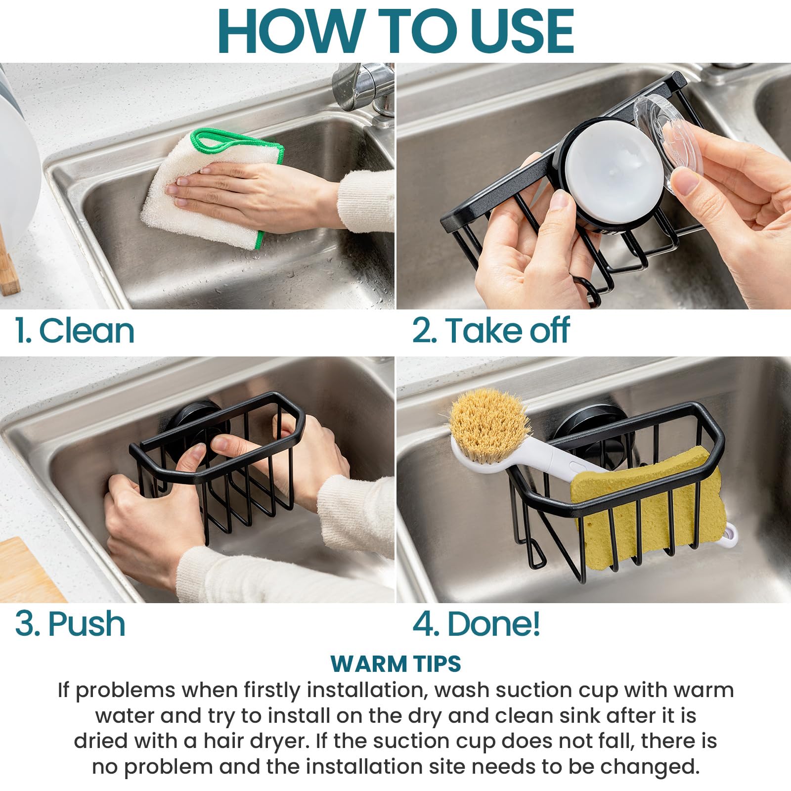 TAILI Sponge Holder with Strong Suction Cup, Dish Sponge Caddy Inside Sink Removable, Rustproof Aluminum for Sponges, Brushes, Stoppers and Scrapers - Black