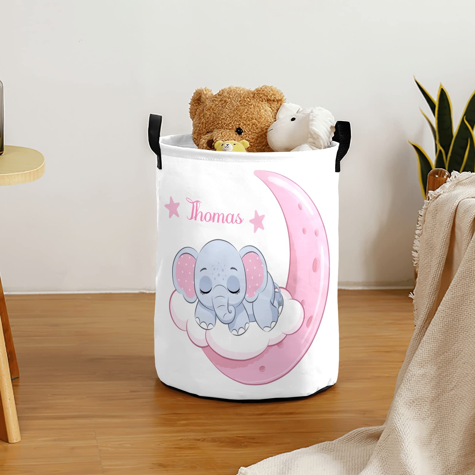 Pink Elephant Moon Personalized Laundry Hamper,Custom Name Collapsible Waterproof Laundry Basket Storage Bins with Handle for Clothes,Toy,Nursery