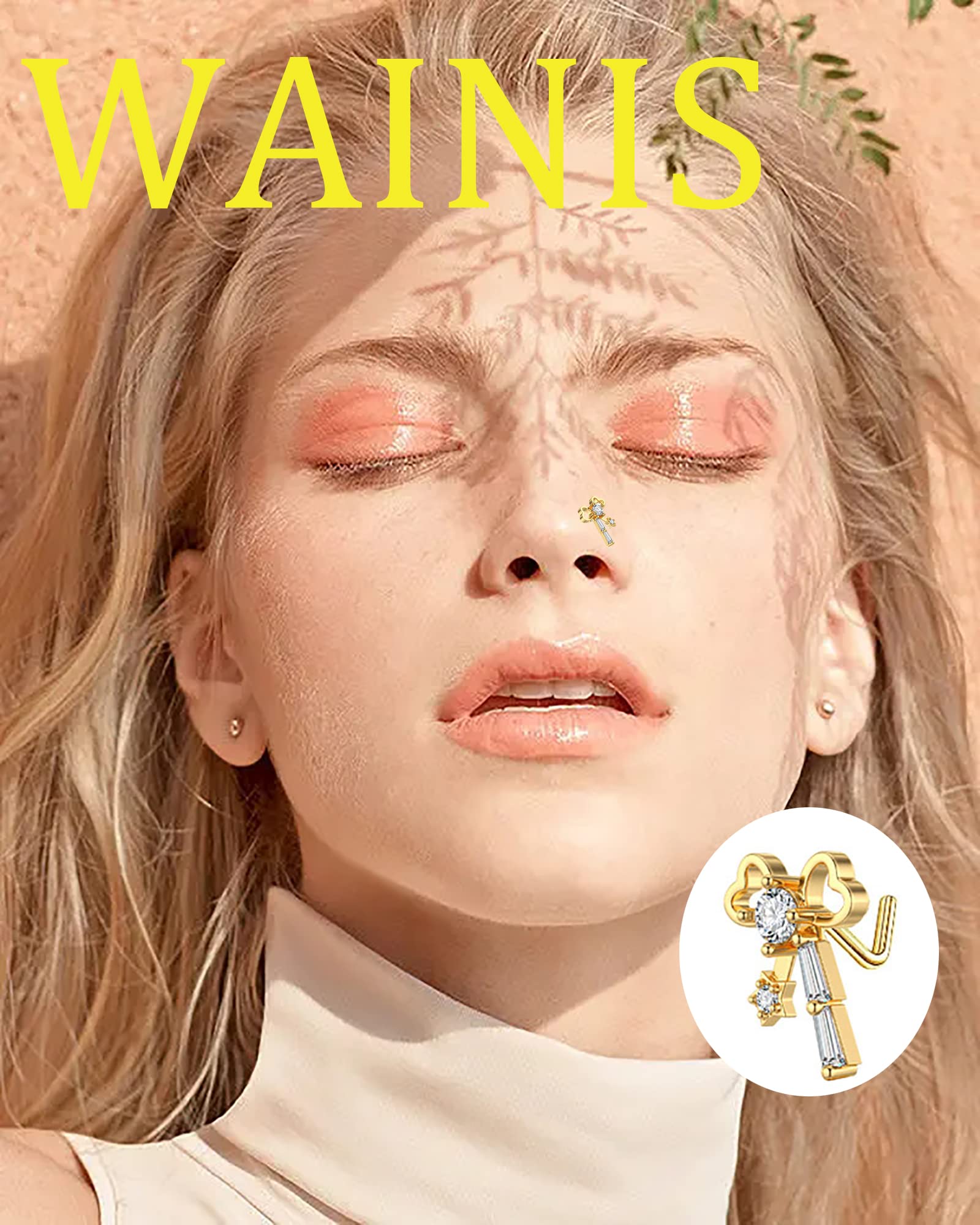 WAINIS 12pcs 20G Dangle Nose Rings Studs for Women Stainless Steel L Shaped Nose Studs Heart Arrow Feather Snowflake Wing CZ Dangling Nose Piercing Jewelry Gold