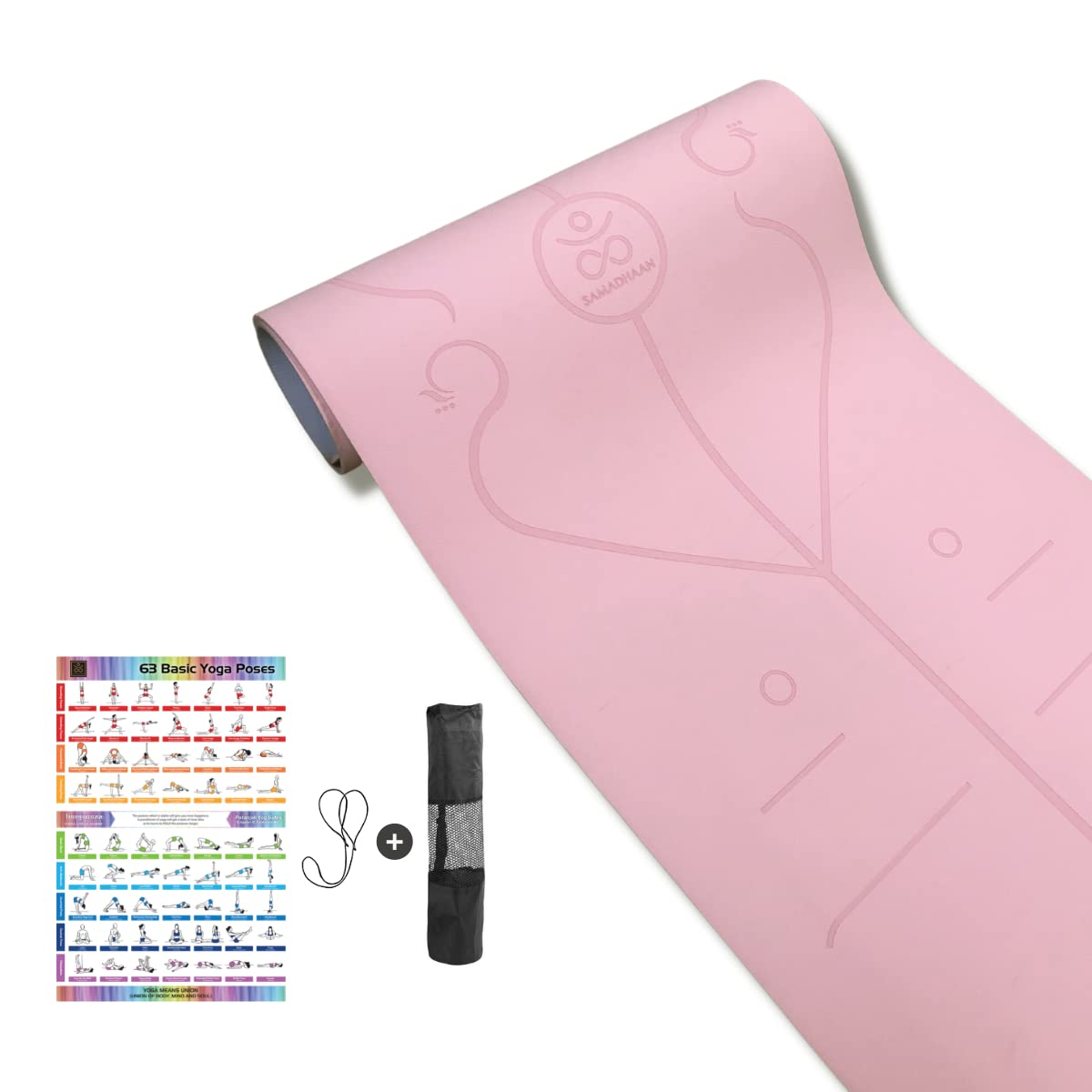 TPE Yoga Mat with Body Alignment Lines | Yoga Mat with Mesh Storage Bag, Carrier Sling and Yoga Poster (Pink)