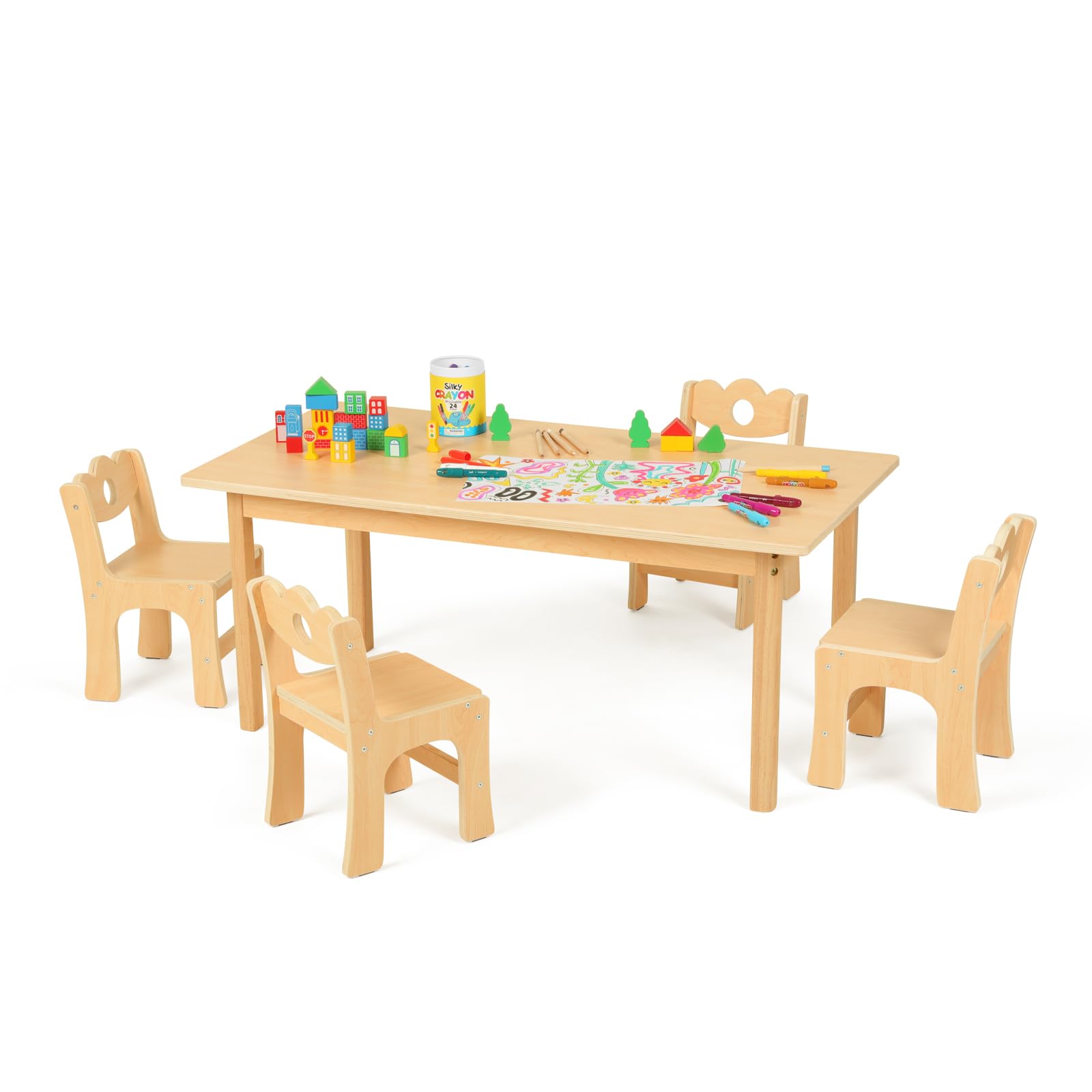 OOOK Kids Table and 4 Chairs Set, Poplar Plywood, More Spacious Space for Kids Graffiti Desktop, 47''X24'', Children Multi-Activity