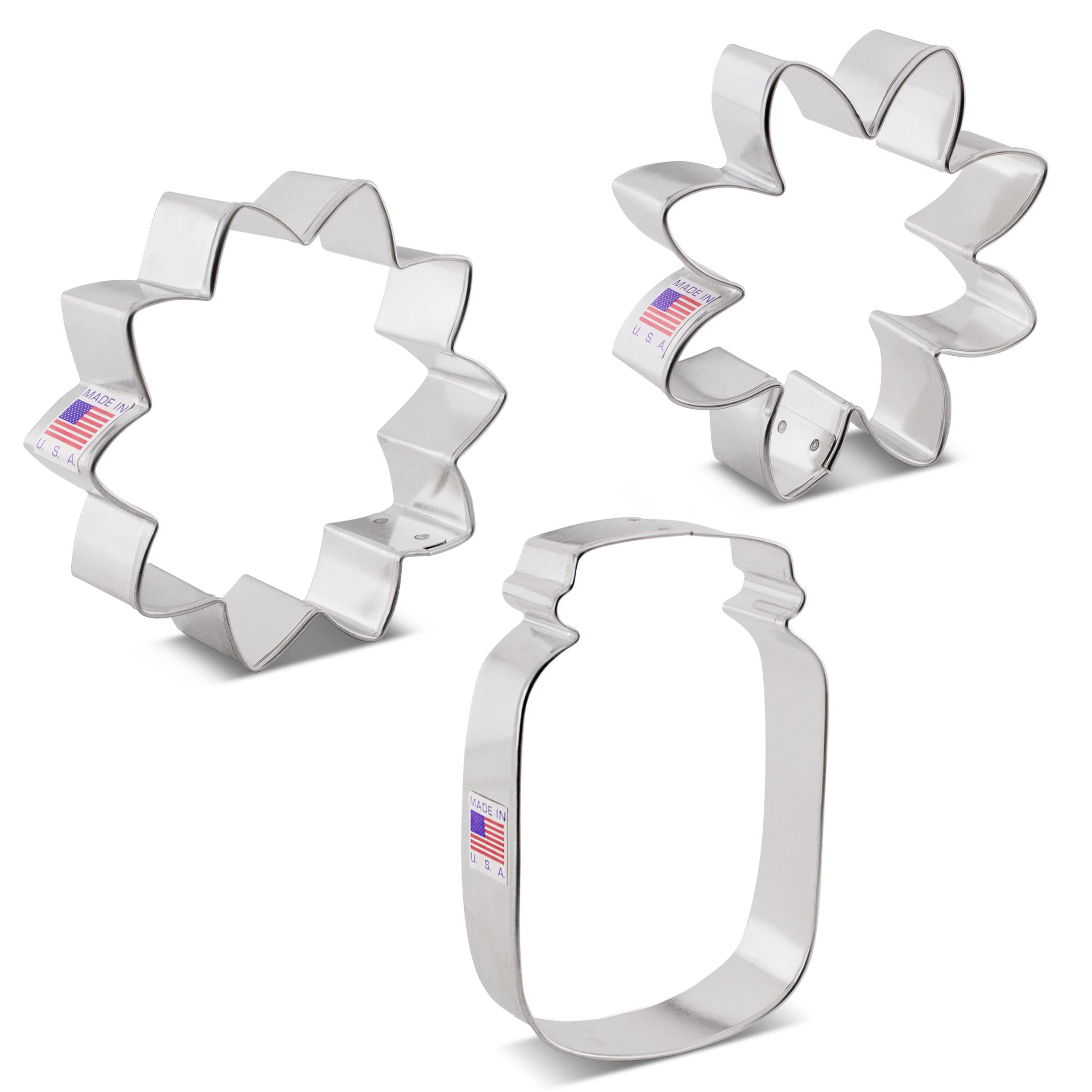 Summer Flowers Cookie Cutters 3-Pc. Set Made in the USA by Ann Clark, Sunflower, Daisy and Mason Jar