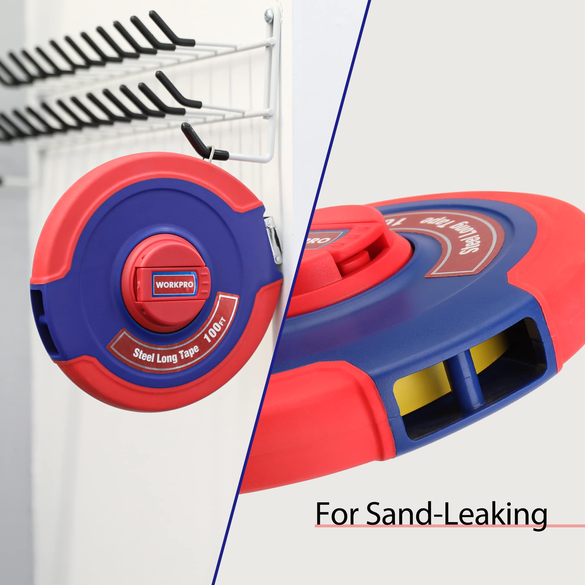 WORKPRO 100 FT Tape Measure, Closed Reel Steel Long Tape with Foldable Handle, Nylon Coated, Plastic and Rubber Case