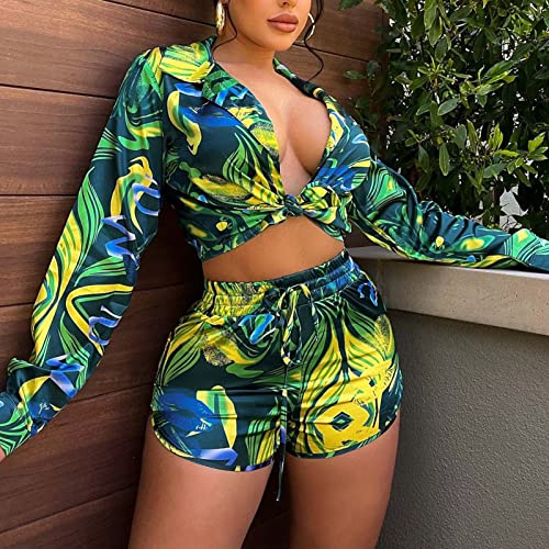 Uni Clau Women Two Piece Tracksuit Causal Printed Long Sleeve Button Down Blouse Short Pants Jogging Sets Green S