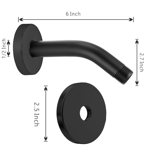 Voolan Shower Arm with Flange and Teflon Tape, Extension Shower Head Arm for Bathroom Fixed Shower Head, Solid Stainless Steel, Wall Mounted (6 Inch,Black)