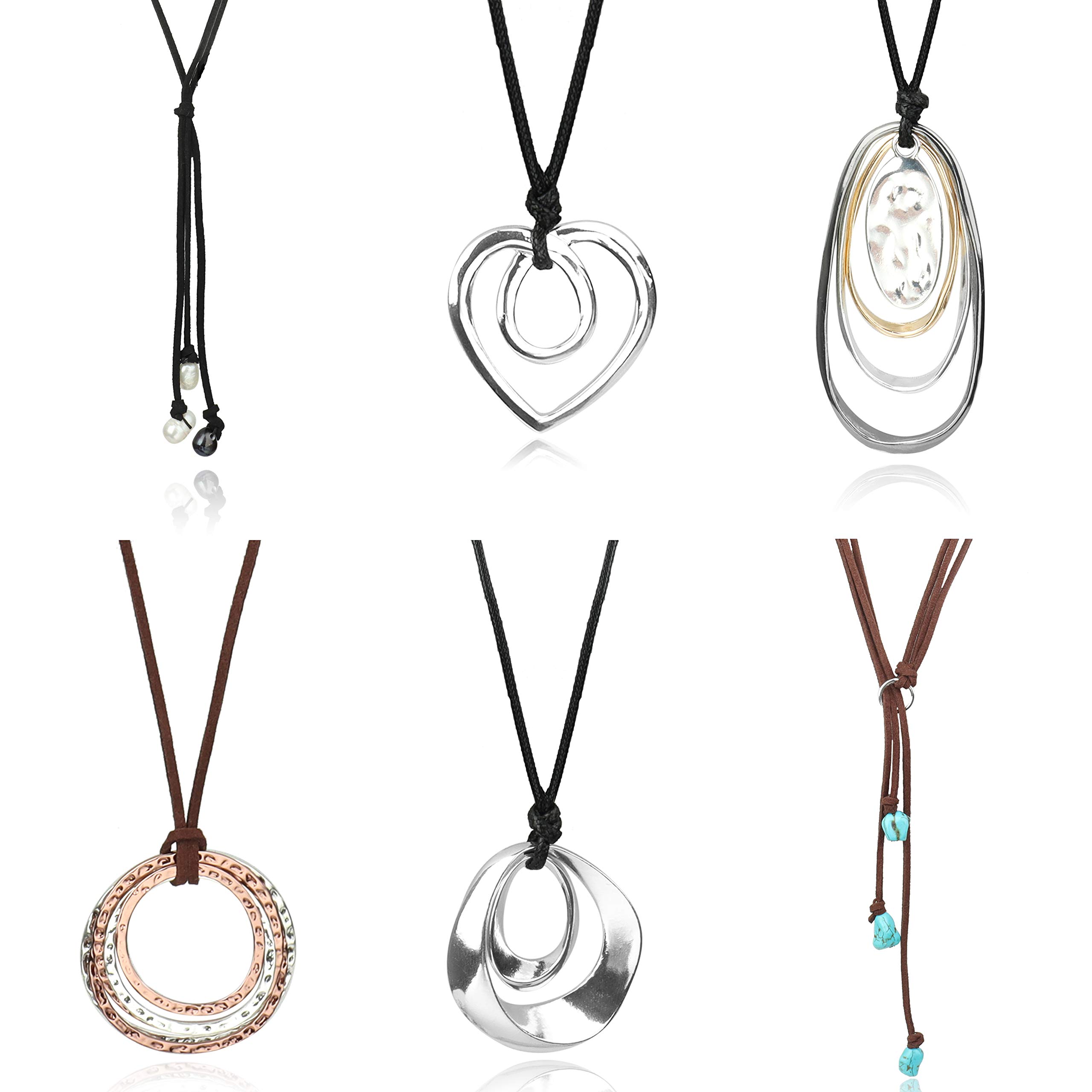 ORAZIO 6 Pcs Long Pendant Necklaces For Women Fashion Jewelry Simple Long Feather Leaf Heart Turquoise Costume Y Necklace Womens Statement Long Necklace Set Boho