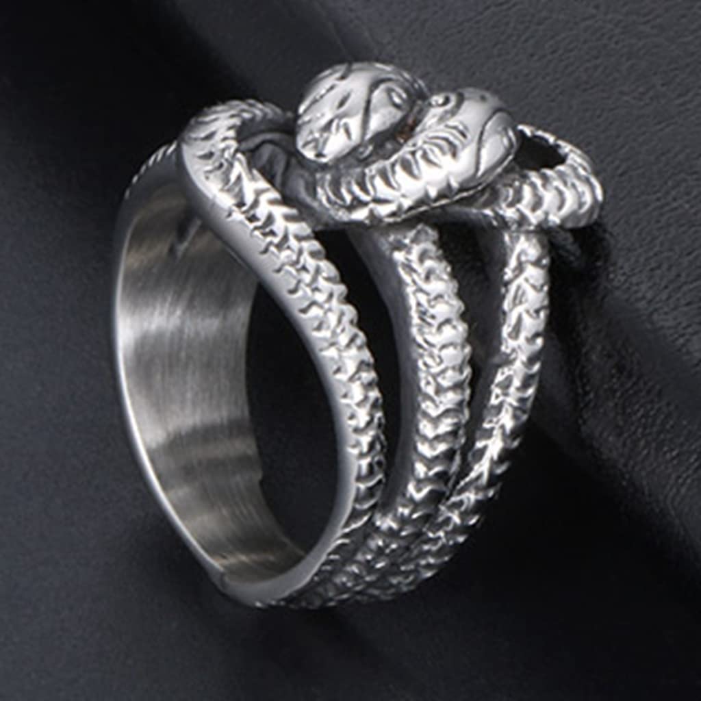 Retro Vintage Antique Stainless Steel Double Snake Cocktail Party Biker Statement Ring (Silver, 10)
