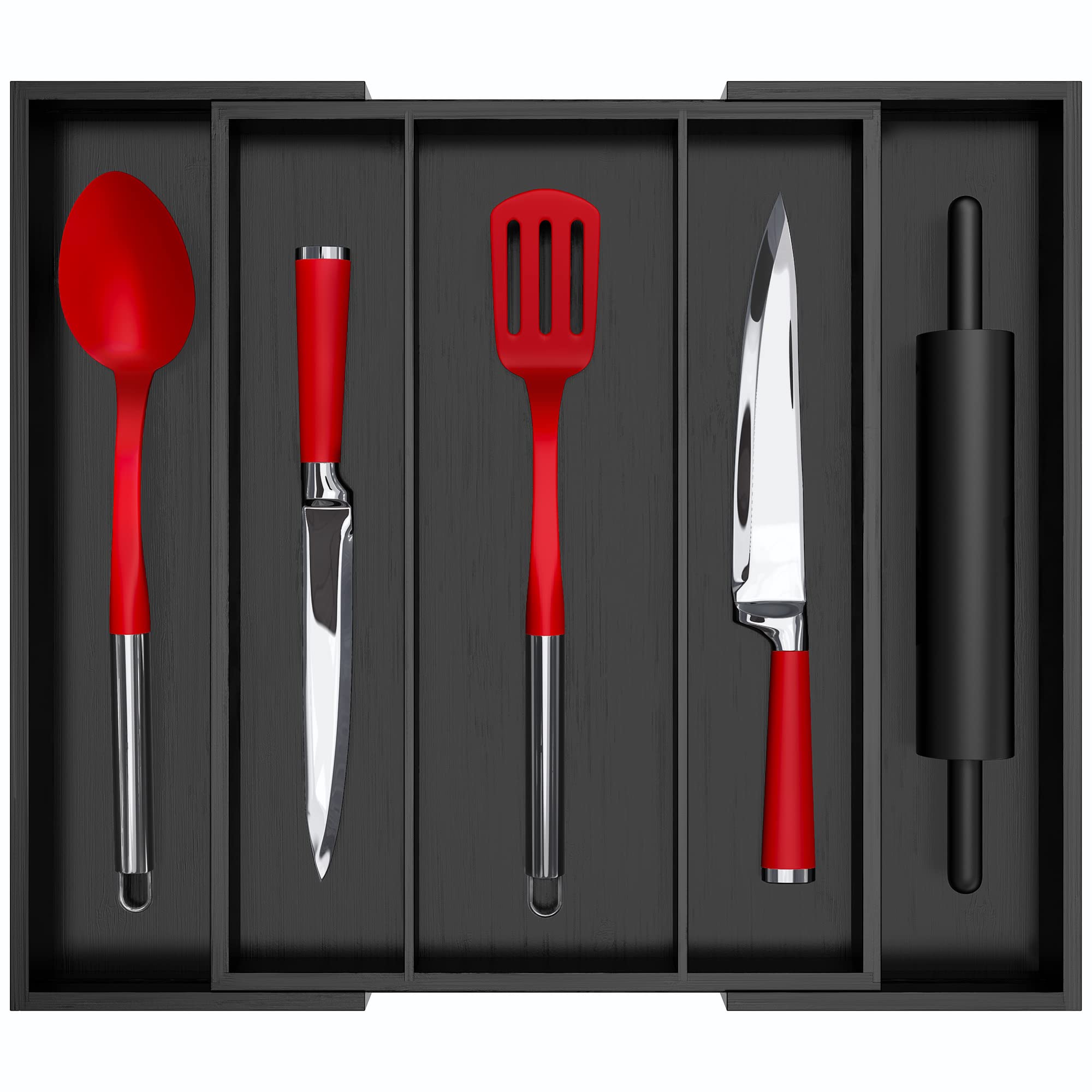 ROYAL CRAFT WOOD Luxury Bamboo Caddy Expandable Drawer and Utensil Organizer, Silverware Holder and Cutlery Tray, 19.6" x17", Black