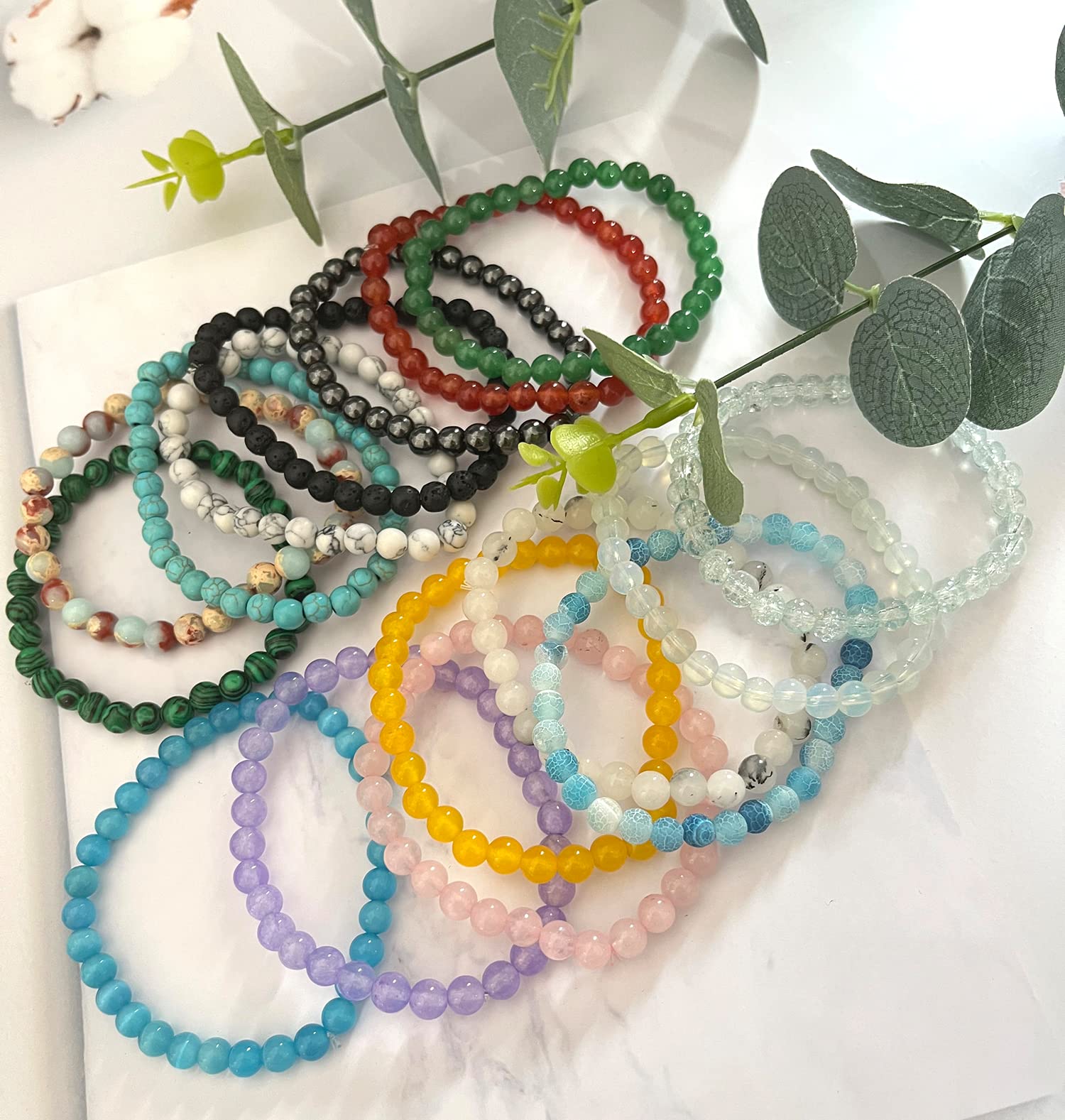 WAINIS 16PCS 6mm Beaded Bracelets for Women Tiny Crushed Stone Crystal Bracelet Beaded Couples Stretch Unisex Stretch Bracelets Jewelry Gift
