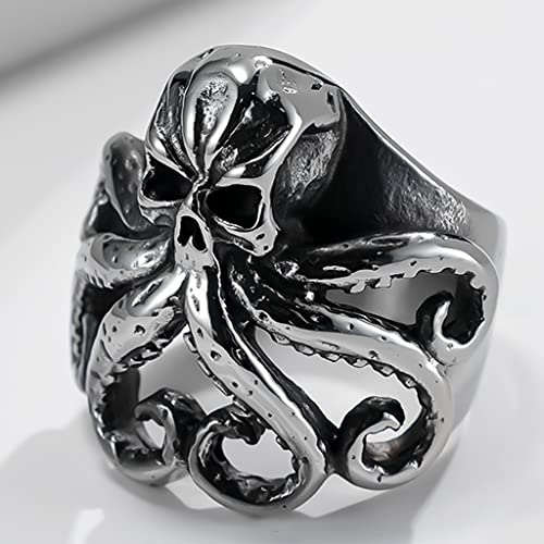 Retro Vintage Stainless Steel Octopus Gothic Punk Halloween Cocktail Party Biker Ring (Silver, 8)