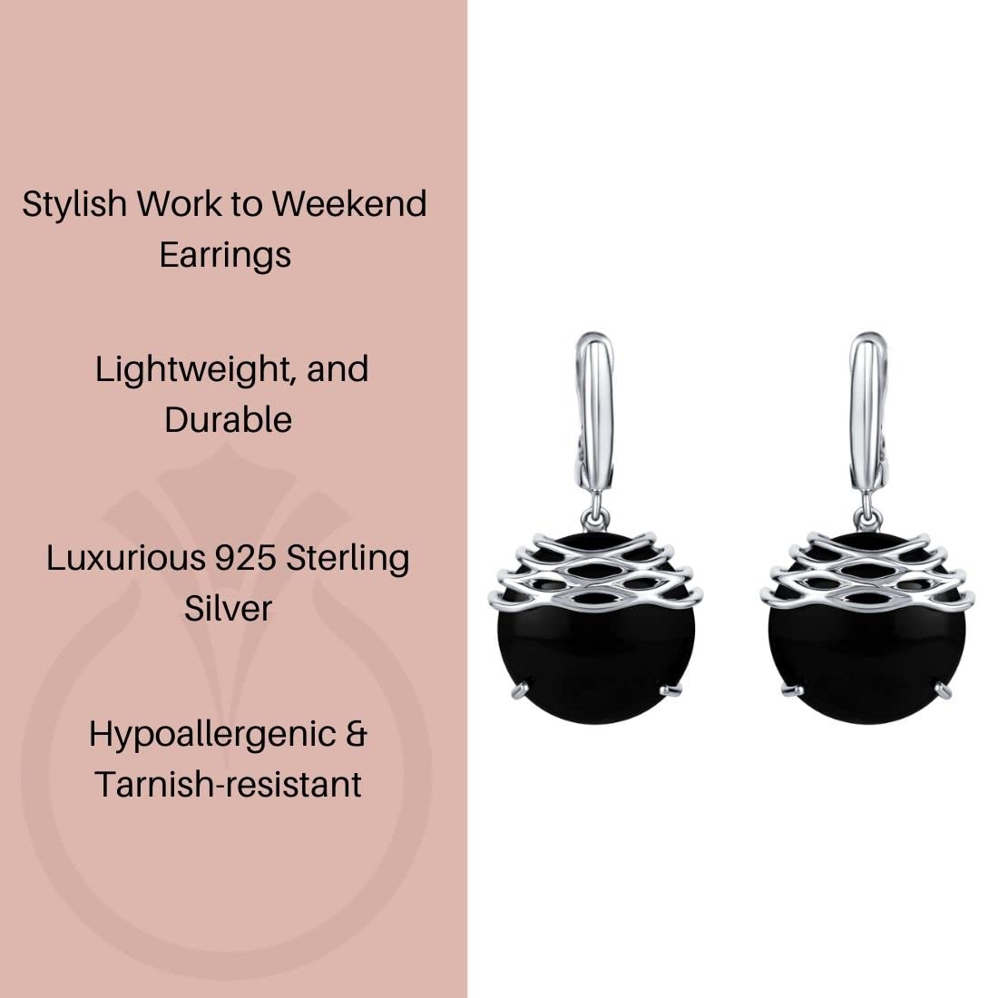 Peora 925 Sterling Silver Round Black Onyx Waves Dangle Earrings for Women, Hypoallergenic Fine Jewelry