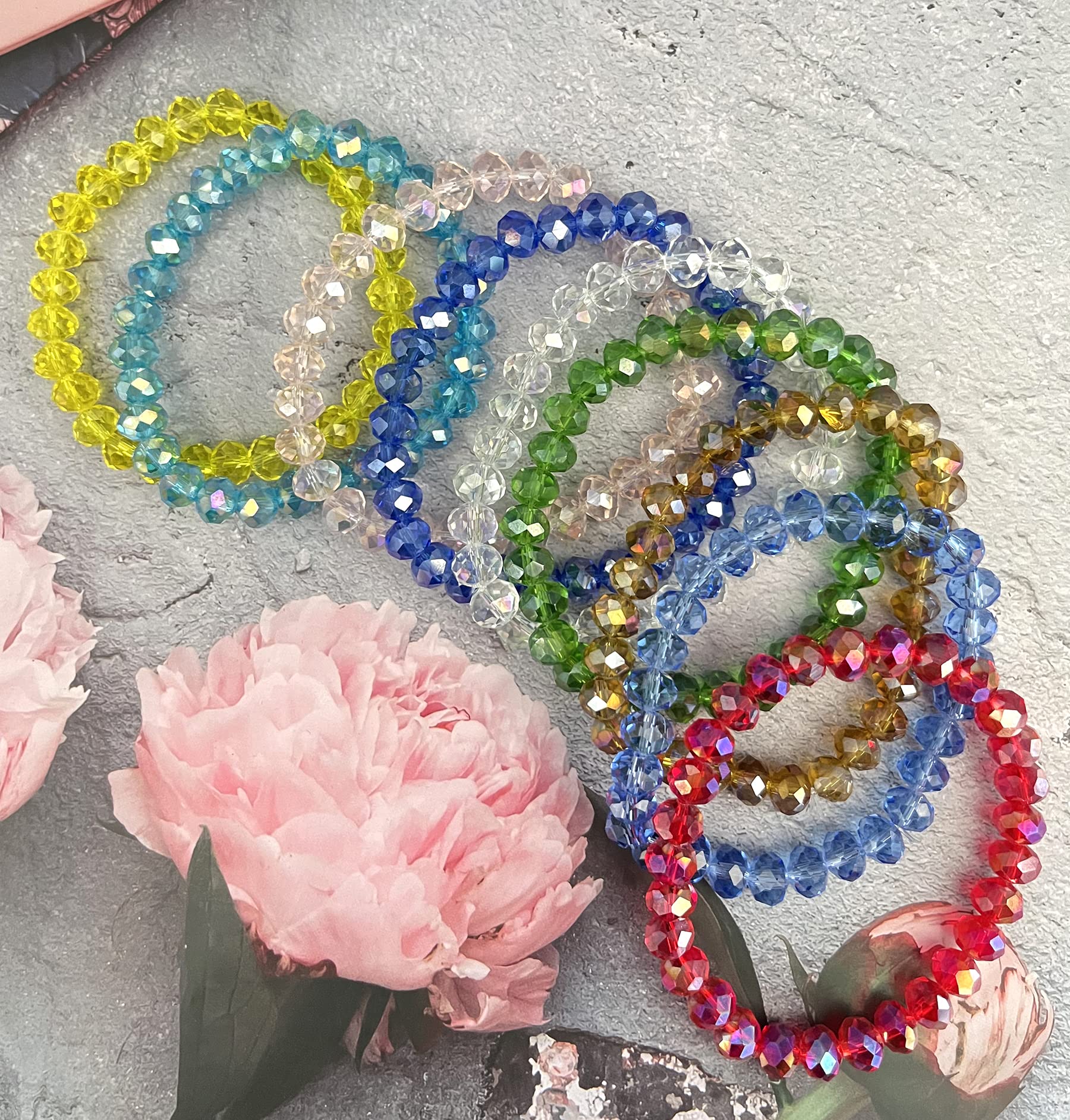 WAINIS 18PCS Glass Crystal Beaded Bracelets for Women Handmade Stretch Elastic Bracelets Multicolor Stackable Round&Versatile Beads Bracelet Jewelry Gifts