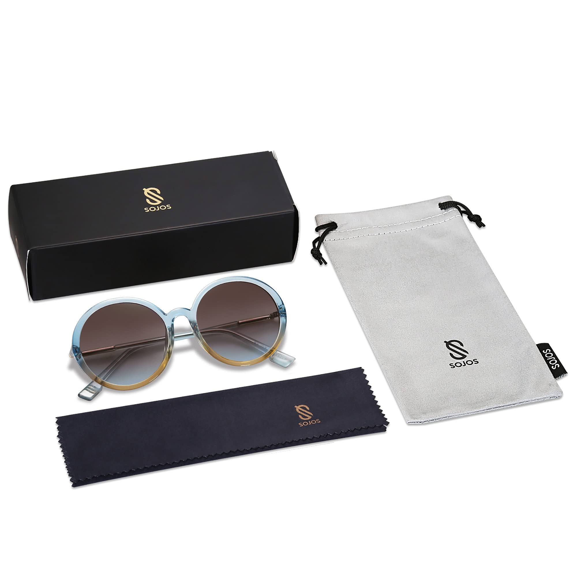 SOJOS Vintage Round Sunglasses for Women Classic Retro Designer Style SJ2121 with Transparent Blue Yellow Frame Gradient Grey Lens