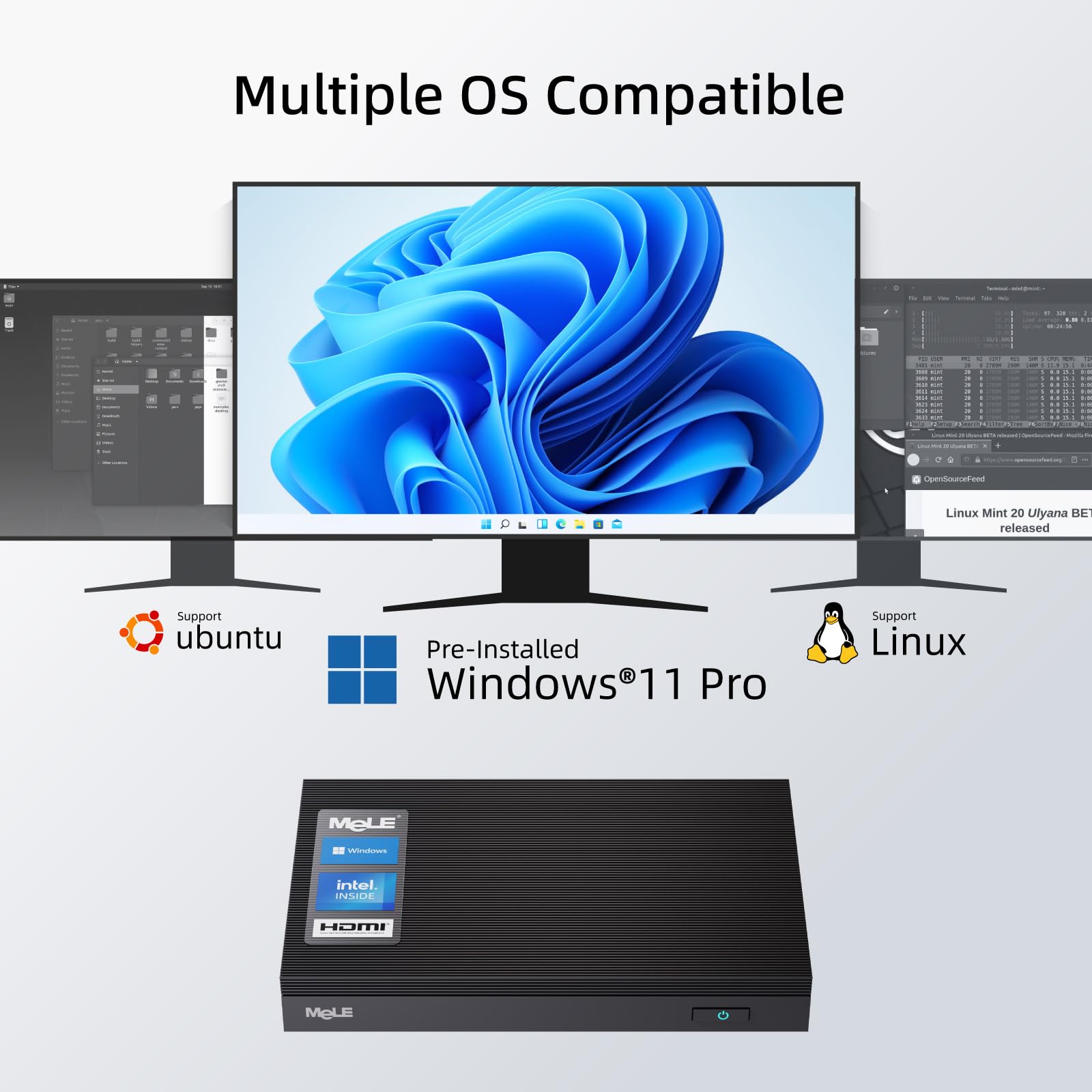 MeLE Quieter2D Fanless Mini PC Window11 Home, Celeron N4000 4GB/128GB Small Desktop, Support M.2 SSD, Dual HDMI 4K,igabit Ethernet on Home IoT