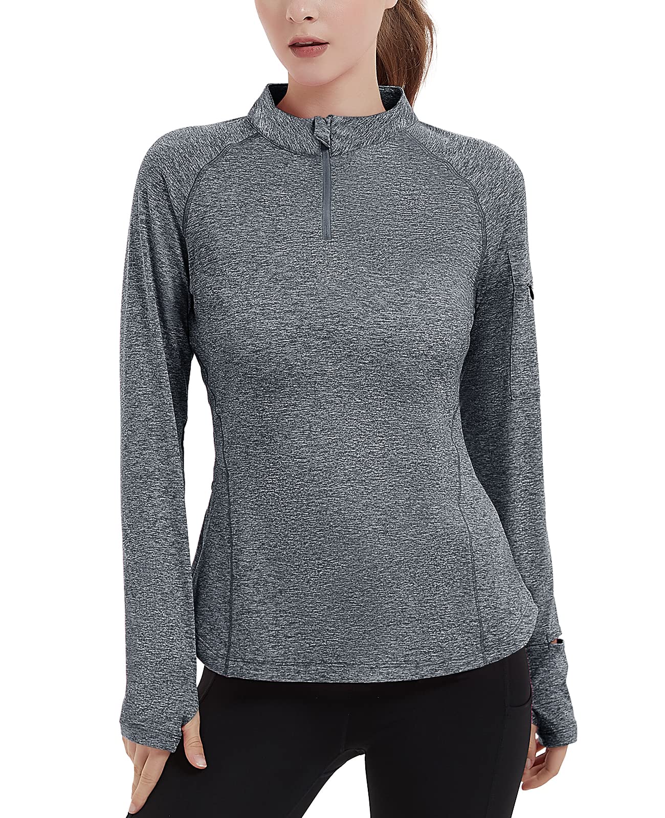 Women's 1/4 Zip Long Sleeve Running Shirts Thumb Holes Quick Dry Workout Athletic Pullover Tops with Zipper Pockets Grey