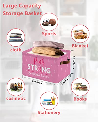 Pink Ribbon Storage Baskets for Organizing, Breast Cancer Awareness Women Bow Fabric Storage Bins for Shelf, Collapsible Cube Bin with Handles for Closet(15''x11''x9.5'')
