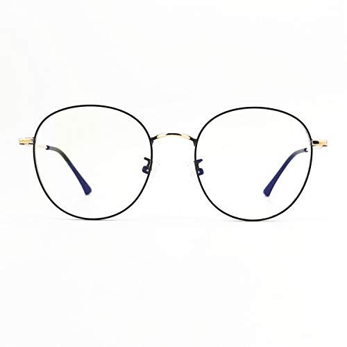 Optifine Blue Light Blocking Glasses Women Men Round Computer Reading Metal Eyeglasses Frame (0 Non Prescription, A. Black Gold)