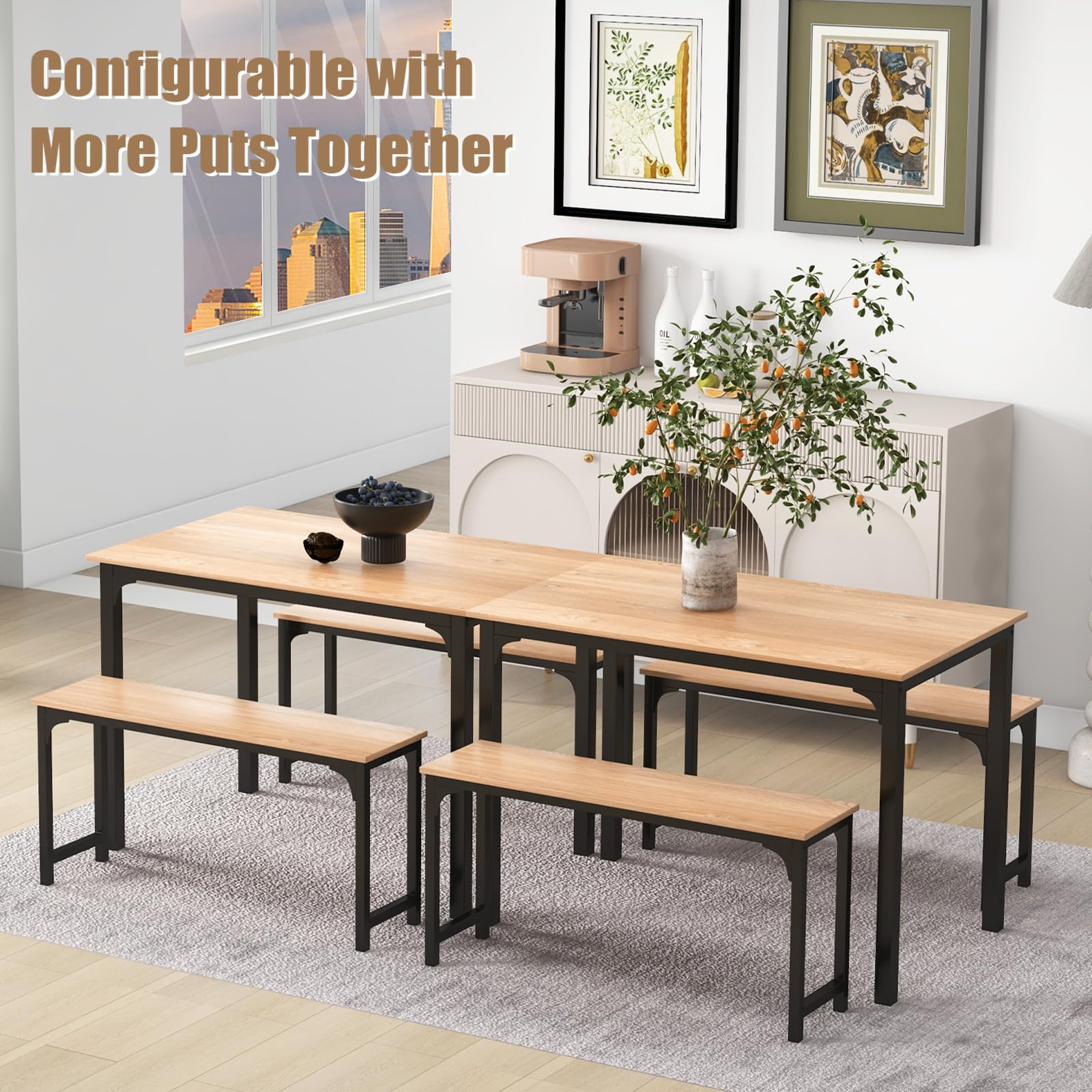 NAFORT 3-Piece Dining Table Set for 4, 43.5" Modern Kitchen Table Set w/2 Benches & Metal Frame, Space Saving Dining Room Table Set with MDF Wood Board, Ideal for Home, Restaurant, etc.