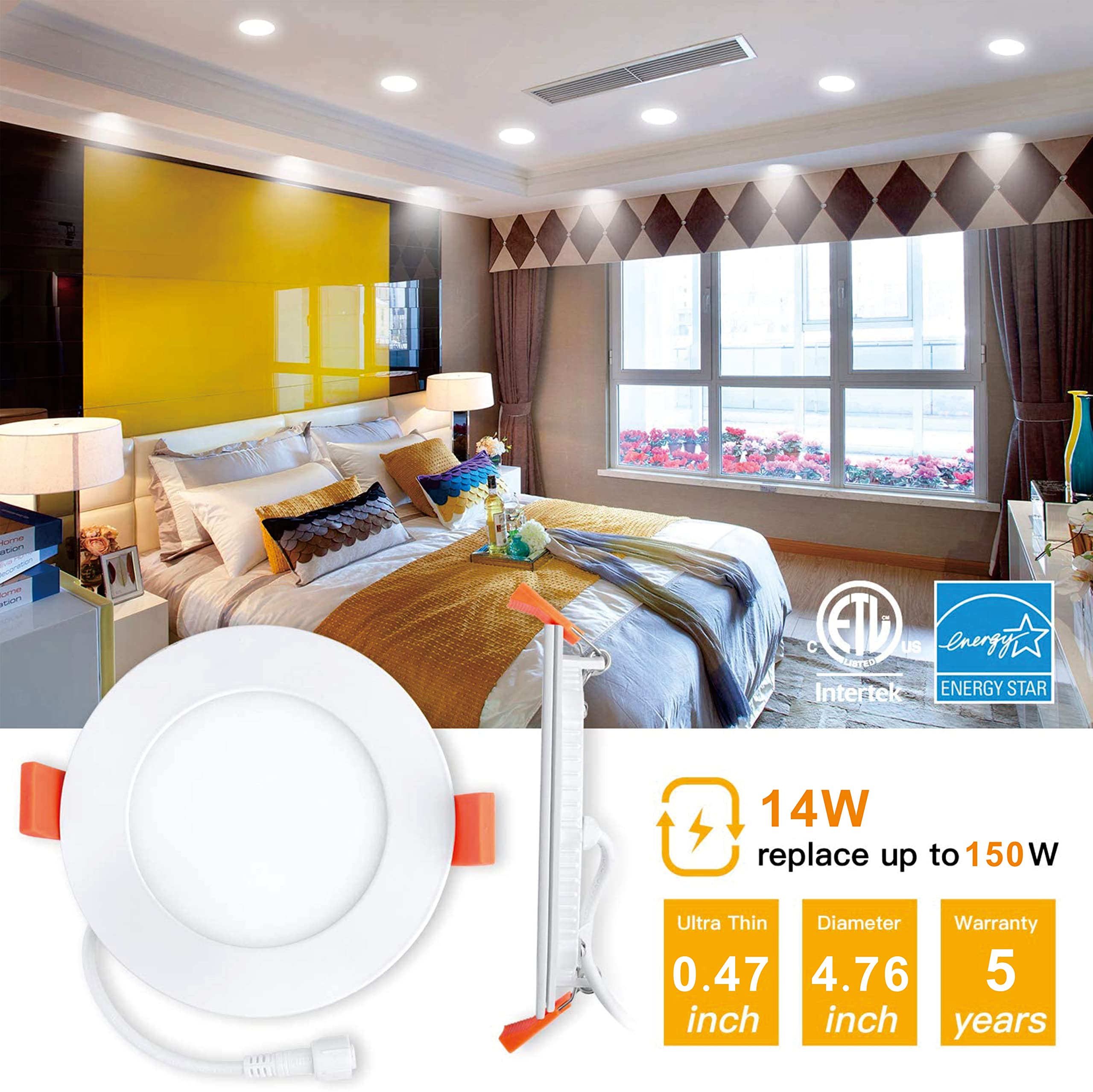 obstime 12 Pack 4 Inch Ultra-Thin Recessed Ceiling Light Slim with Junction Box,2700K/3000K/4000K/5000K/6000K Selectable,CRI 90,9W Eqv 80W, Dimmable LED Can Wafer Lights, High Brightness Downlight