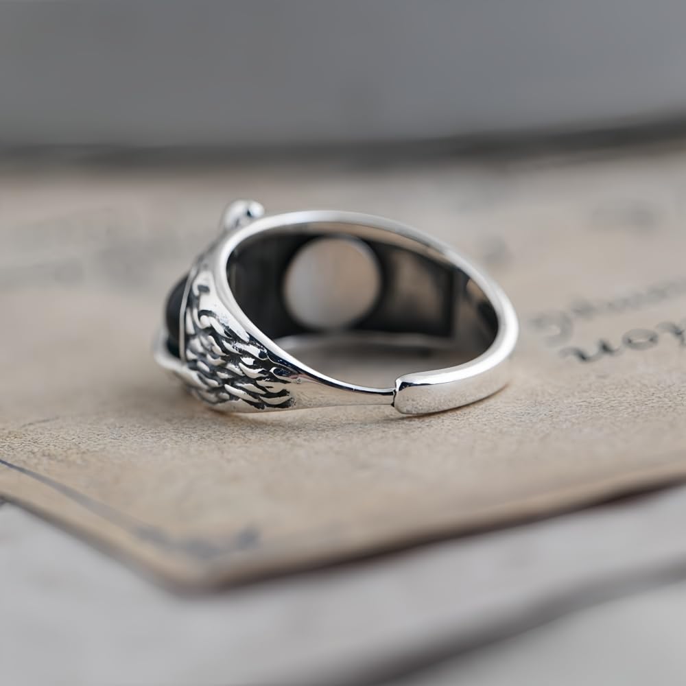 Retro 925 Sterling Silver Night Owl Head Ring with Blue Eyes for Men Women Open Adjustable