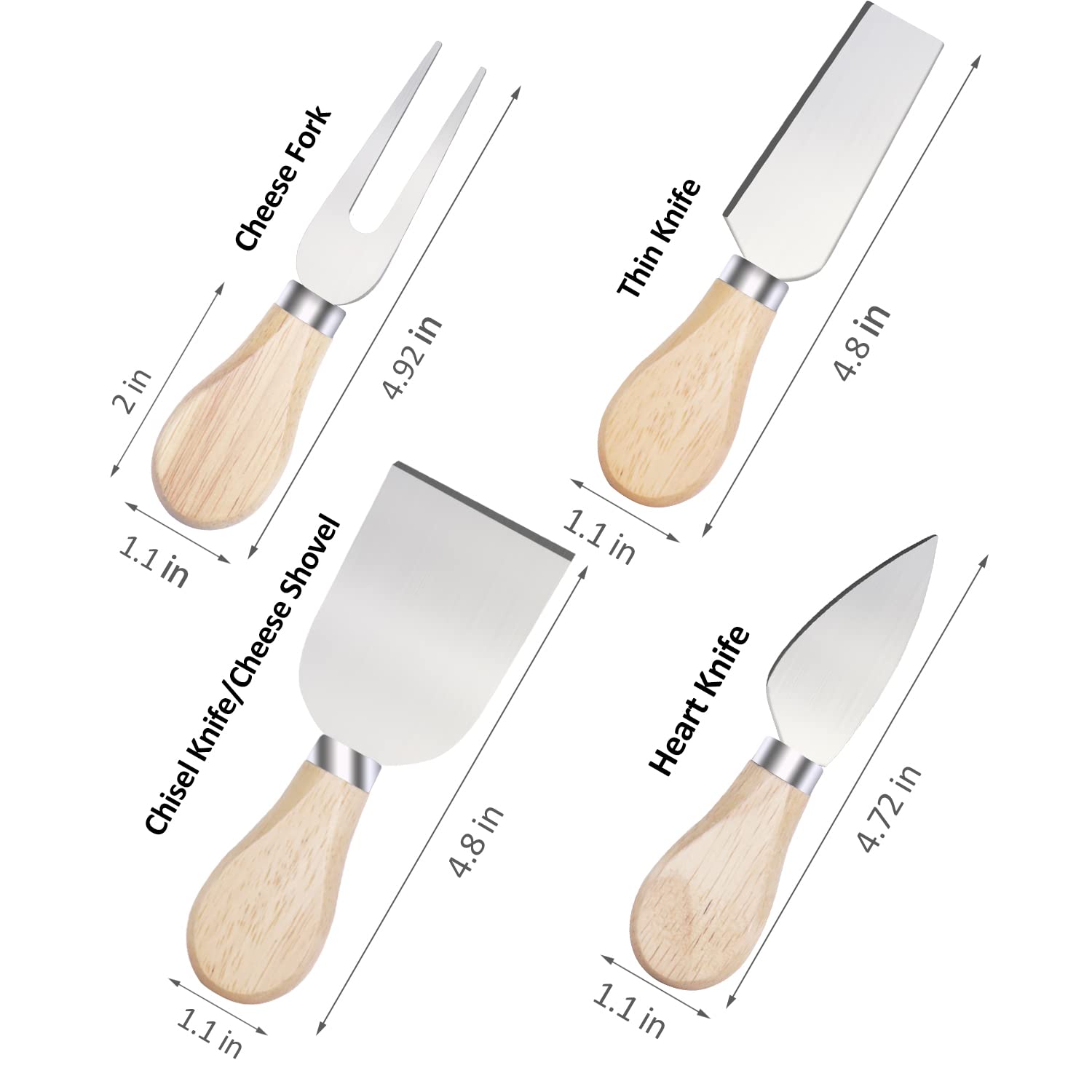 Tymoosty Cheese Knives, 4PCS Cheese Knife Set, Cheese Knives for Charcuterie Board with Wooden Handle, Mini Steel Stainless Cheese knife set