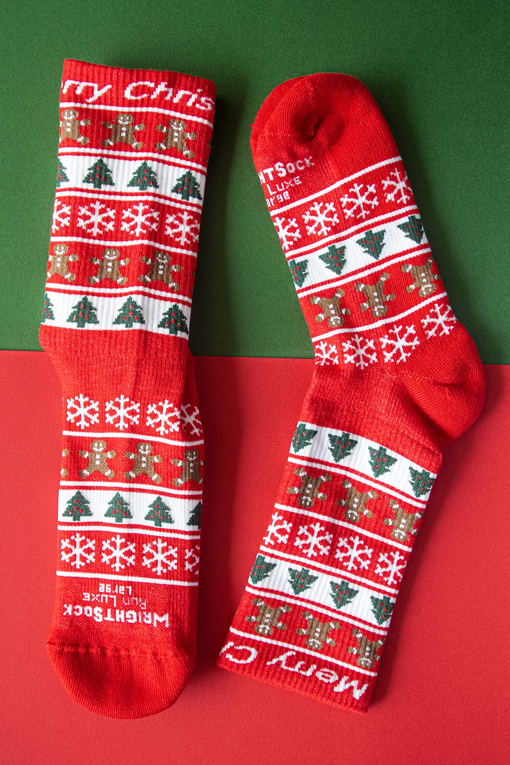 Wrightsock Explore Christmas Stripes - Cushion, Double Layer, Crew, Lightweight Comfort for Men and Women Walking Running Socks, Red/Christmas Stripes, Medium
