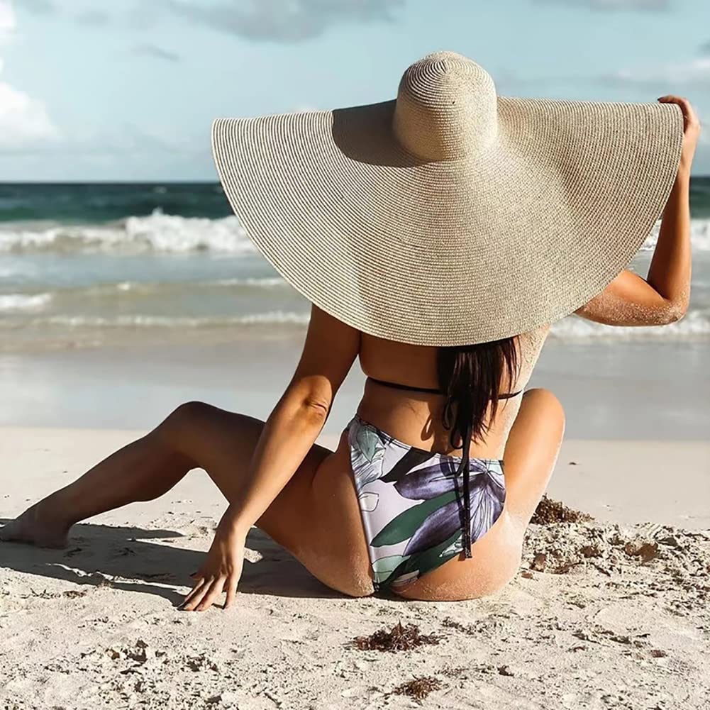 Straw Hat Oversize Hat Wide Brim Summer Hat Handmade Roll Up Floppy Sun Hat for Summer Beach Cap for Women (Khaki)-80CM