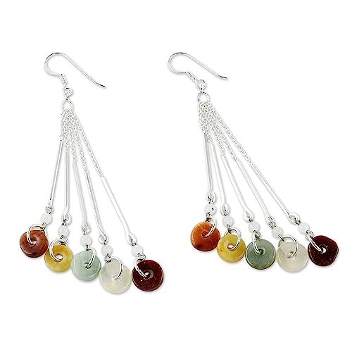 NOVICA Artisan Handmade Jade Quartz Waterfall Earrings | .925 Sterling Silver Glass Bead Dangle Earrings | Multi-color Stones Dangle Earring | Handcrafted Jewelry | Earthy Blend Themed Thailand