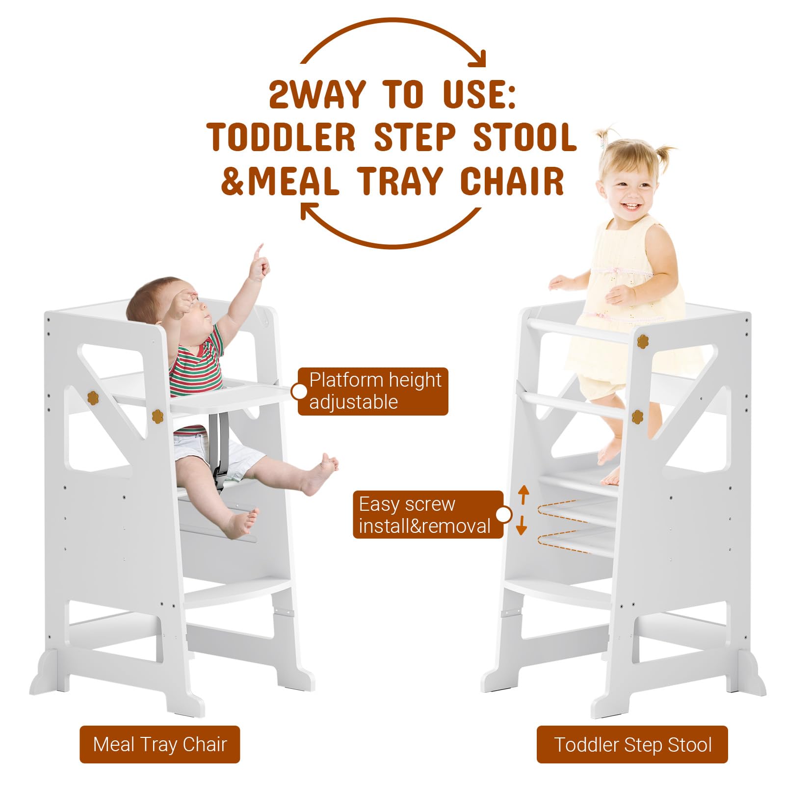 Rendpas Toddler Kitchen Stool Helper with Meal Tray & Safty Rail, Adjustable Height Kids Kitchen Step Stool, Toddler Standing Tower Convertible Meal Chair, Wooden Toddler Counter (White)