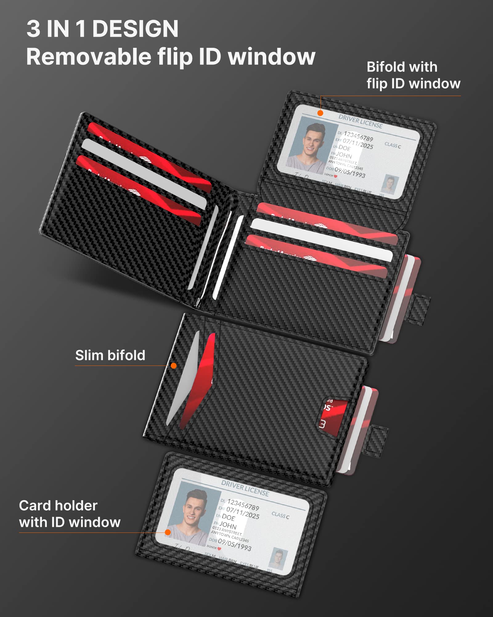Wallet for Men with Stealth Pocket for Airtag: Leather Wallet with 3 in 1 Design, Removable ID Window, RFID Blocking, 17 Card Capacity, Slim, Carbon Fiber, Bill Divider, Front Wallet with Gift Box