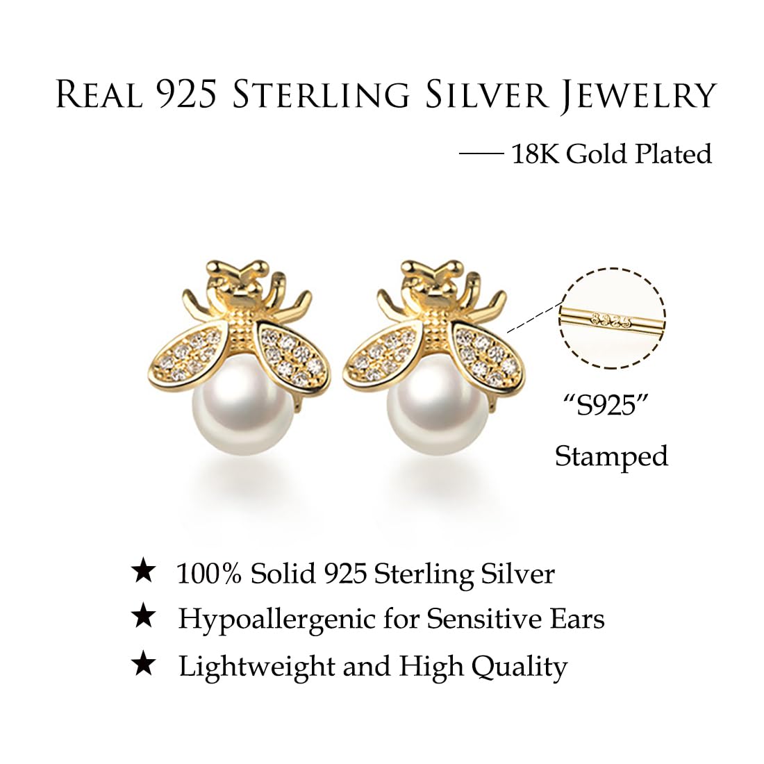 Reffeer Solid 925 Sterling Silver Bumble Bee Stud Earrings for Women Teen Honey Bee Stud Earrings (B-Gold)