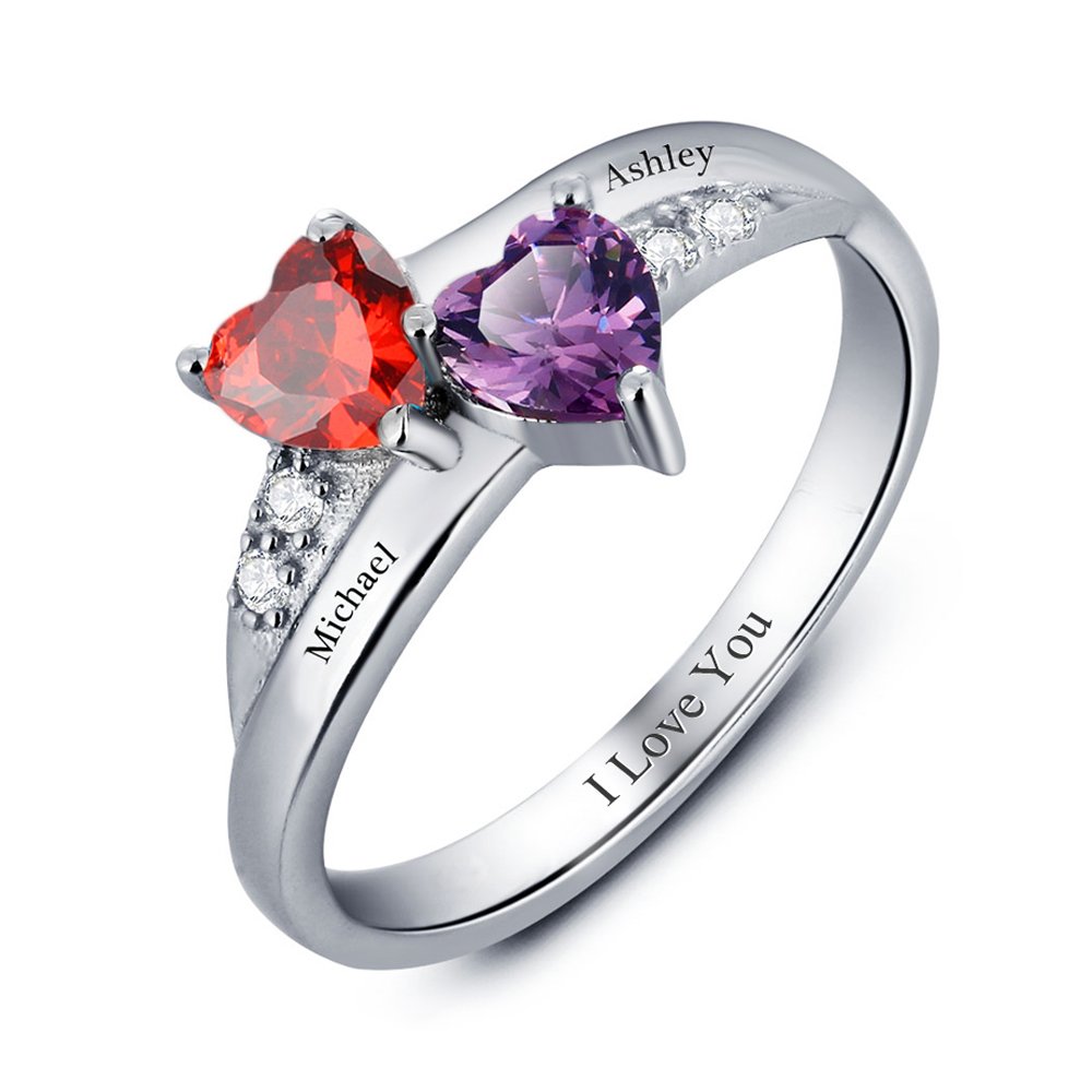 Personalized Mother Daughter Rings with 2 Heart Simulated Birthstones Custom Women Promise Rings for Her (8)