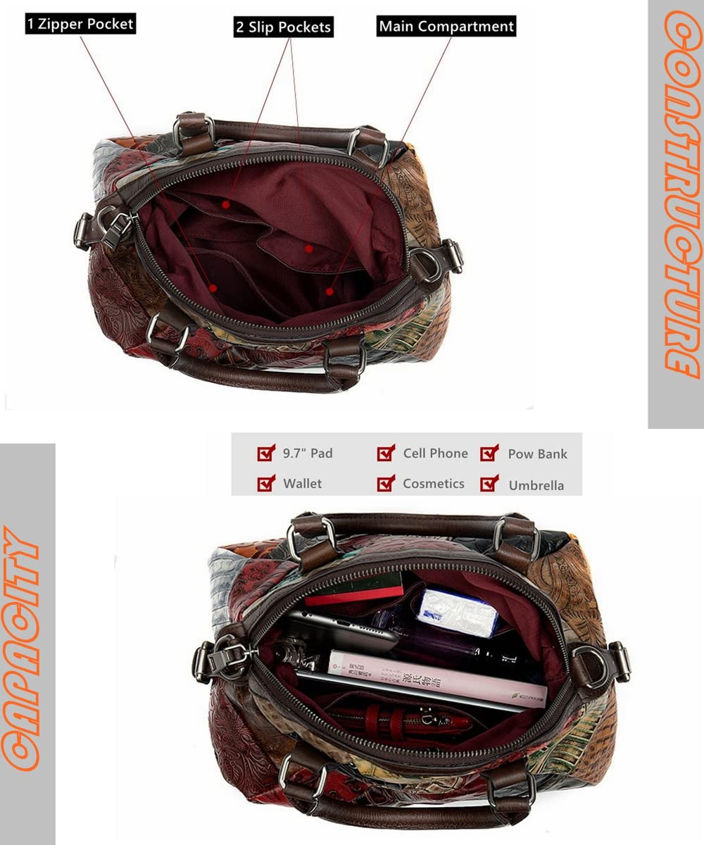 Women's Crossbody Shoulder Bag, Retro Leather Embossing and Patchwork Design Casual Handbag Purse, Multicolor