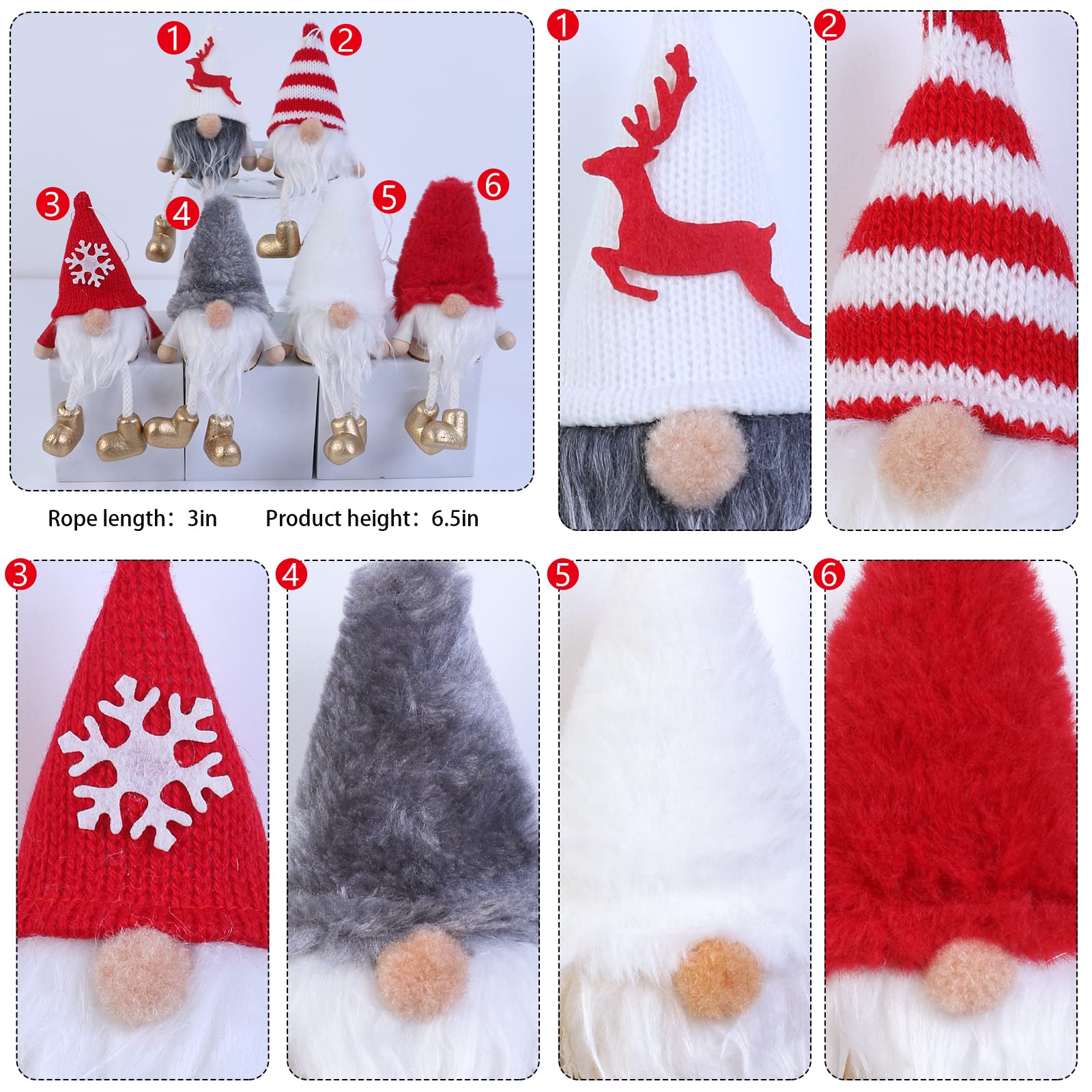 MYH DECO 6 Pack Gnome Plush Christmas Gnome Decorations Ornaments Set - Xmas Gnome Plush Scandinavian Santa Beard Ornaments for Christmas Tree Home Decor