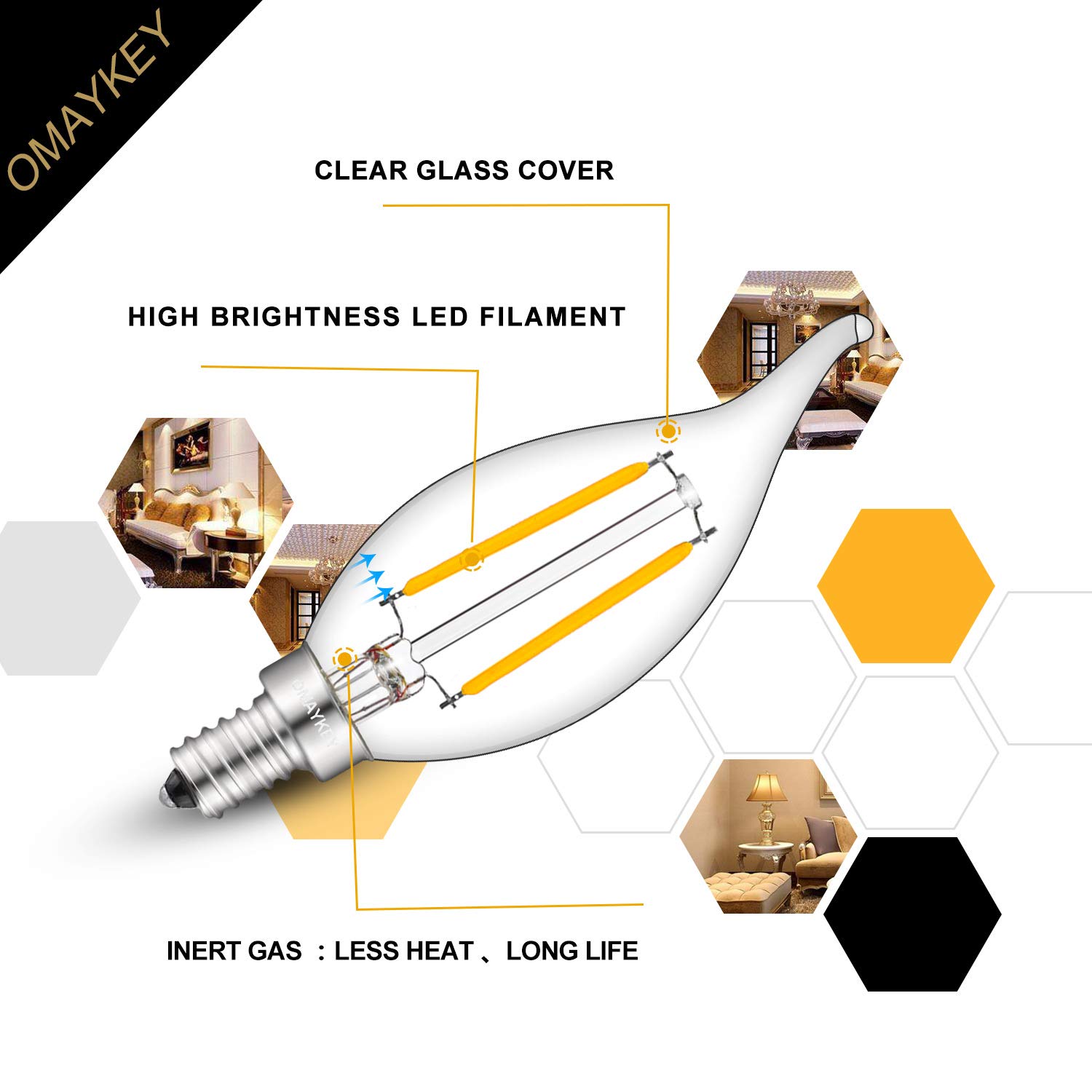 OMAYKEY 2W LED Candelabra Bulb 25W Equivalent 3000K Soft White 250LM, E12 Base LED Chandelier Light Bulbs, Vintage Edison Clear Glass CA11 Candle Flame Tip, Non-dimmable, Pack of 10