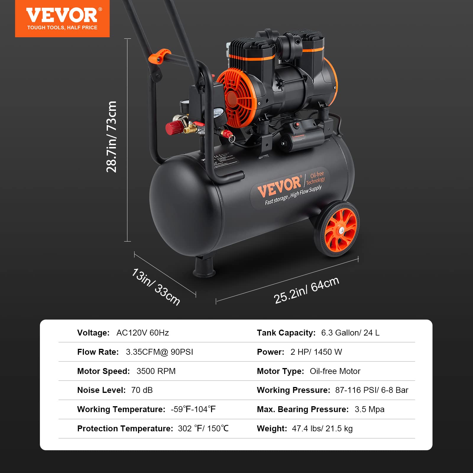 VEVOR 6.3 Gallon Air Compressor, 2 HP 3.35 CFM@ 90PSI Oil Free Air Compressor Tank & Max. 116PSI Pressure, 70 dB Quiet Compressor for Auto Repair, Tire Inflation, Spray Painting, Woodwork Nailing