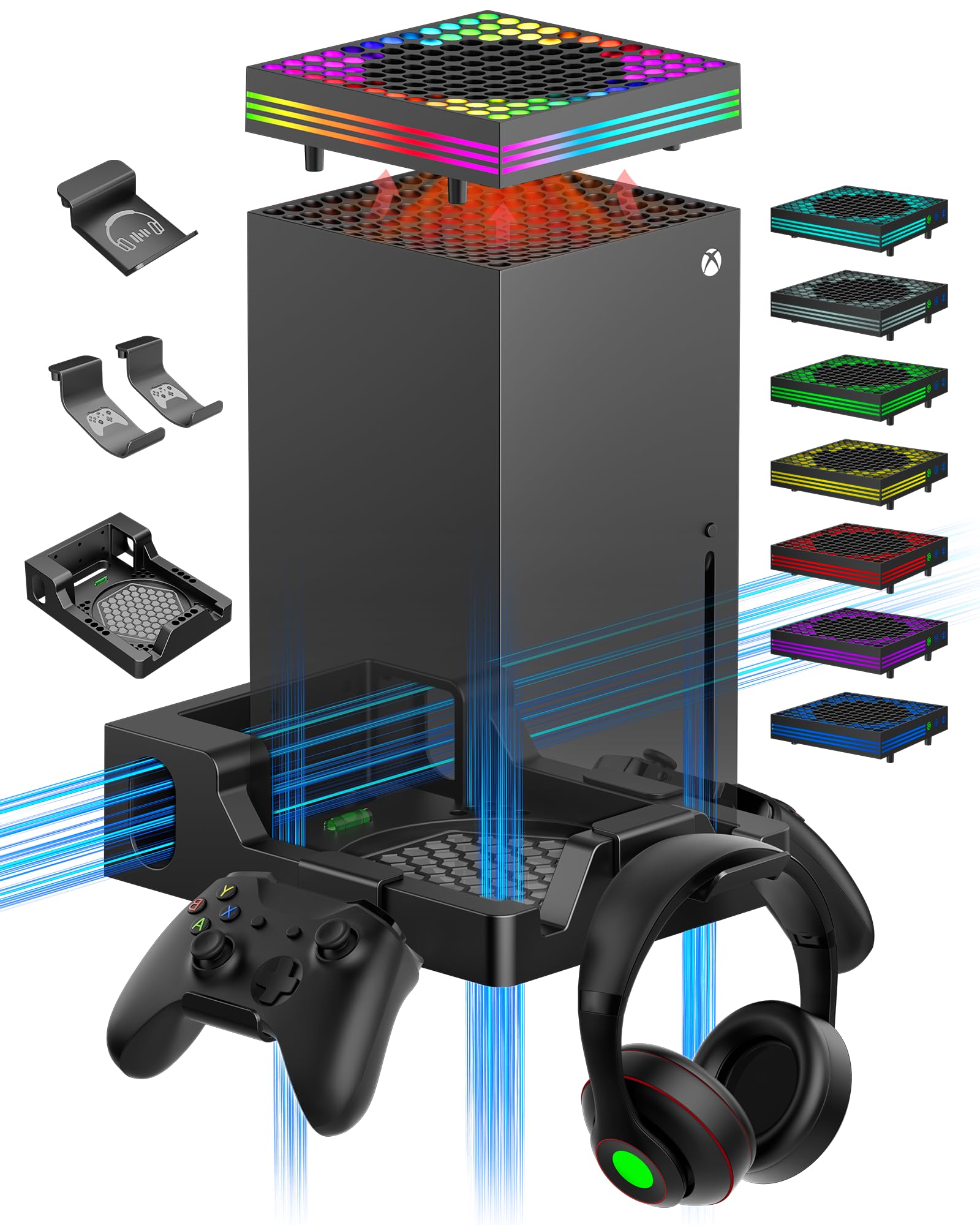 Wall Mount with RGB Cooling Fan for Xbox Series X - includes 4 Controller Holders and 2 Headphone Stands
