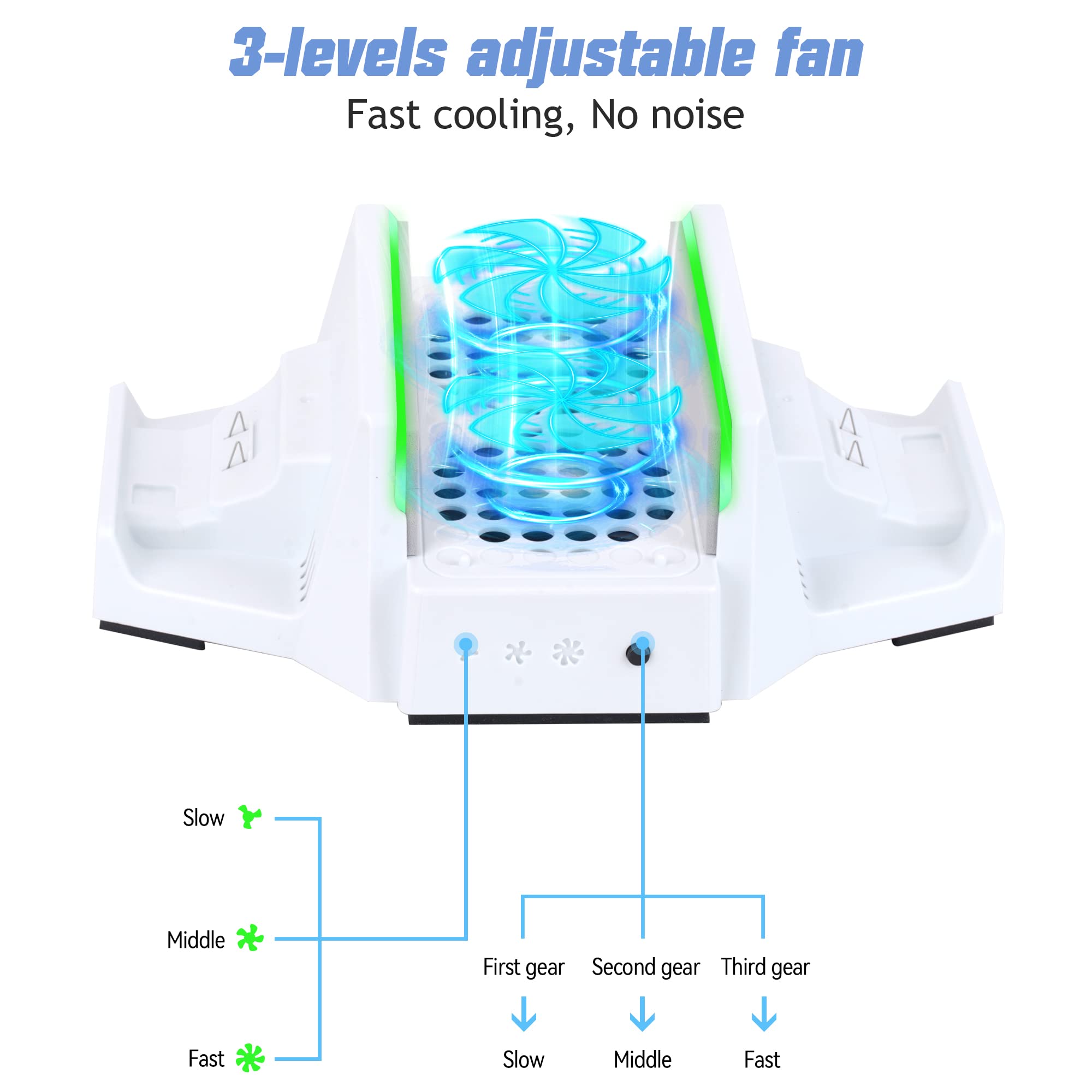Vertical Cooling Stand for Xbox Series S Console, RTTACRTT Dual Cooling Fan System with Dual Controller Charger Station, Cooling Station with LED Indicator USB Port, 3 Level Adjustable Speed