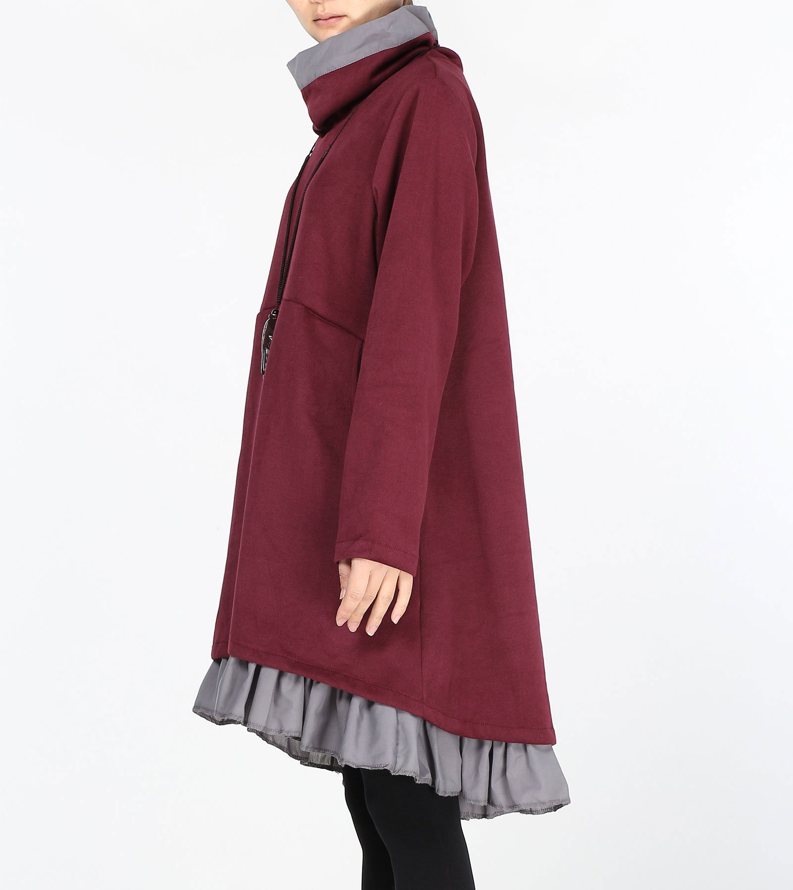 Mordenmiss Women's Flared Layers Dress Hi-Low Ruffle Hem Tunic Top M Burgundy