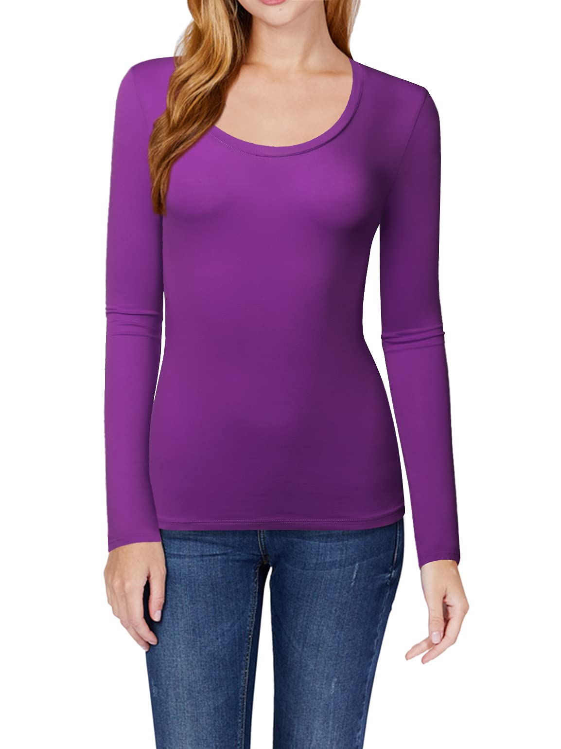 STARJJ Womens Basic Active Slim Fit Scoop Neck Long Sleeve T-Shirt Top (S-2XL) PURPLE L