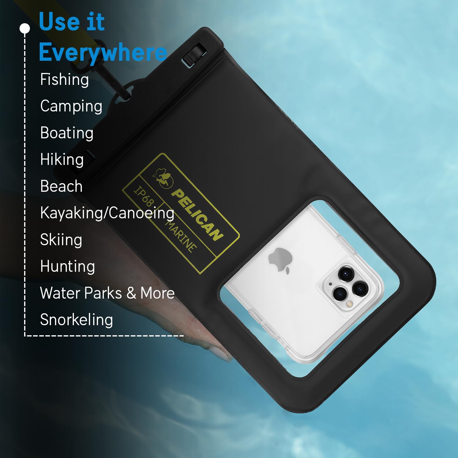 Pelican 2 Pack Marine - IP68 Waterproof Phone Pouch (XL Size) - Floating Waterproof Phone Case - iPhone 15 Pro Max/ 14 Pro Max/ 13 Pro Max/ 12/ S24 Ultra - Detachable Lanyard - Black / Hi-Vis Yellow