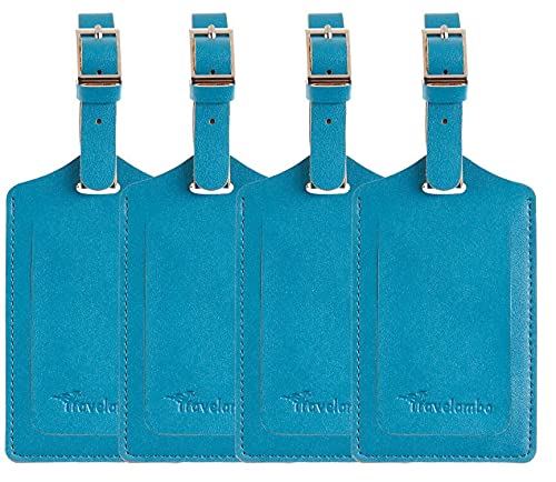 Travelambo 4 Pack Leather Luggage Tags for Suitcases Travel Labels (Energetic Blue)