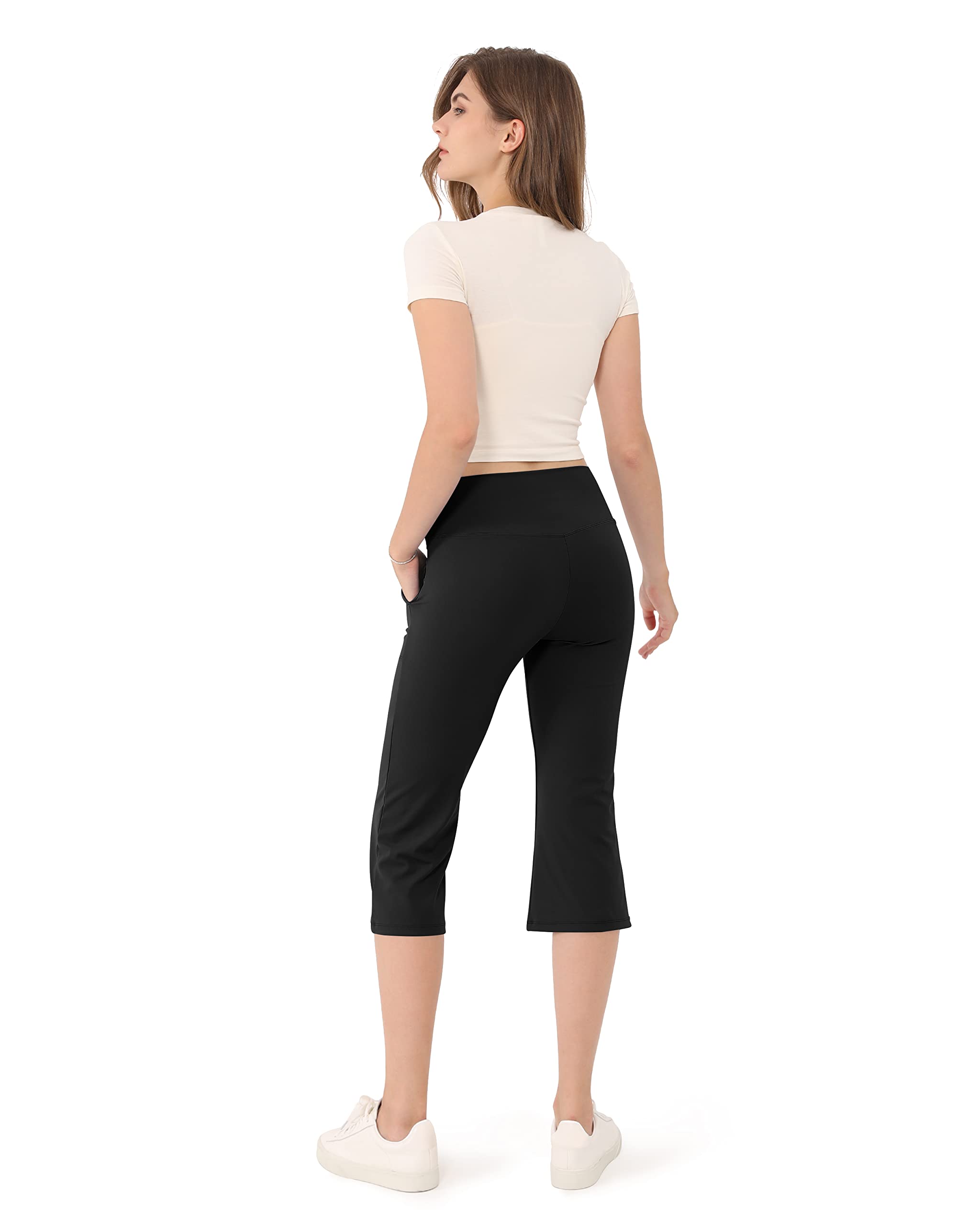 ODODOS Women's Bootleg Yoga Capris with Pockets High Waisted Bootcut Yoga Capris Tummy Control Work Capri Pants for Women, Black, XX-Large