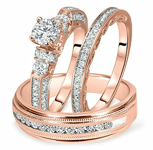 Reyansh Fashion Created Round Cut White Diamond In 925 Sterling Silver 14K Rose Gold Over Diamond Wedding Bridal Engagement Trio Ring Set for Him & Her