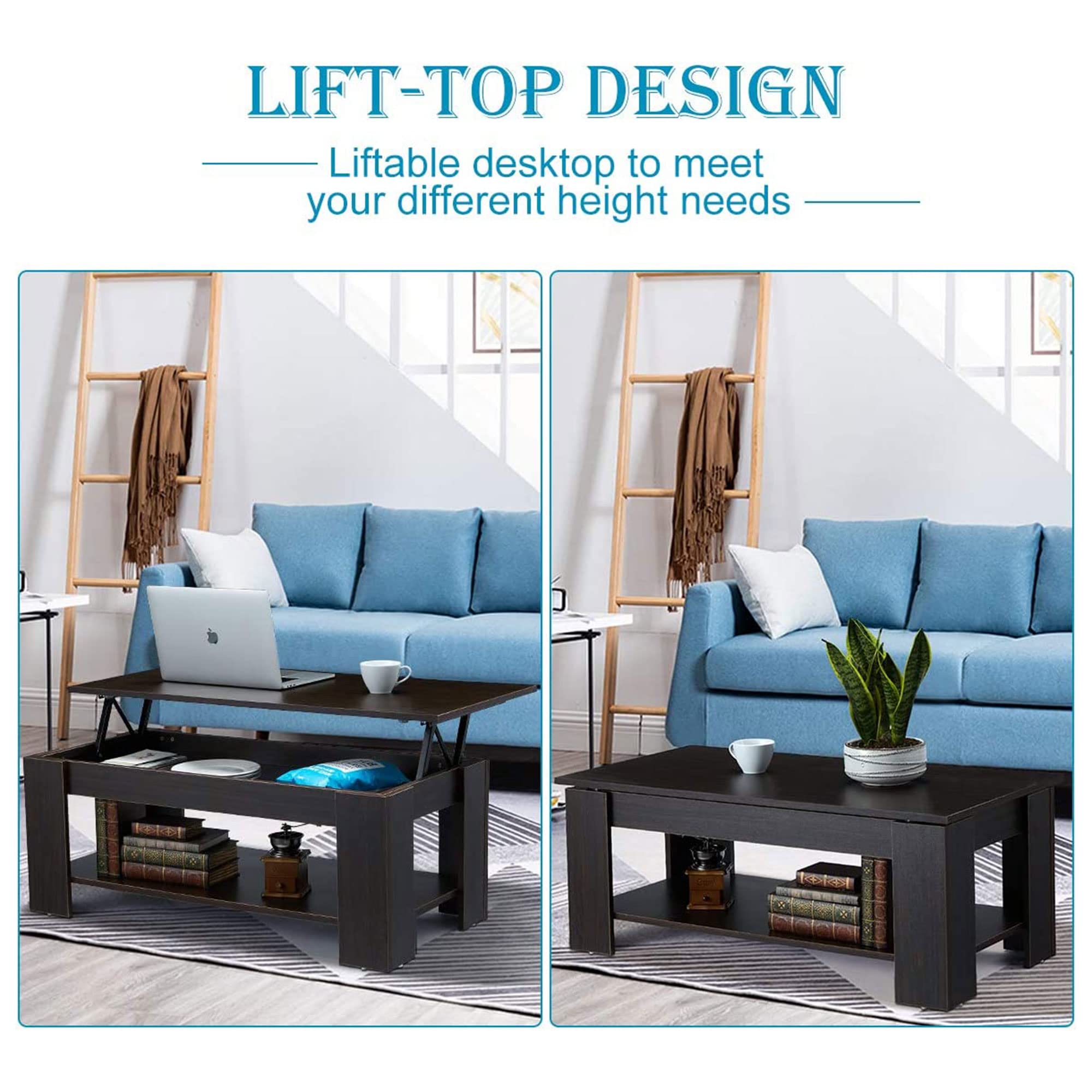 MELLCOM Lift Top Coffee Table,Rustic Coffee Table Lift Tabletop with Hidden Compartment,Pop-Up Storage Cocktail Table with Adjustable Steel Frame, Dining Table for Living Room, Wood/Dark Brown