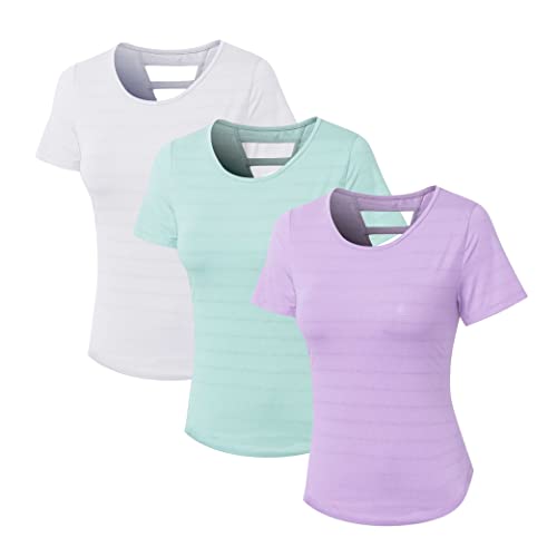 Women's Fitness Tee for Running Casual 3 Pack,White,Green,Thistle,Small