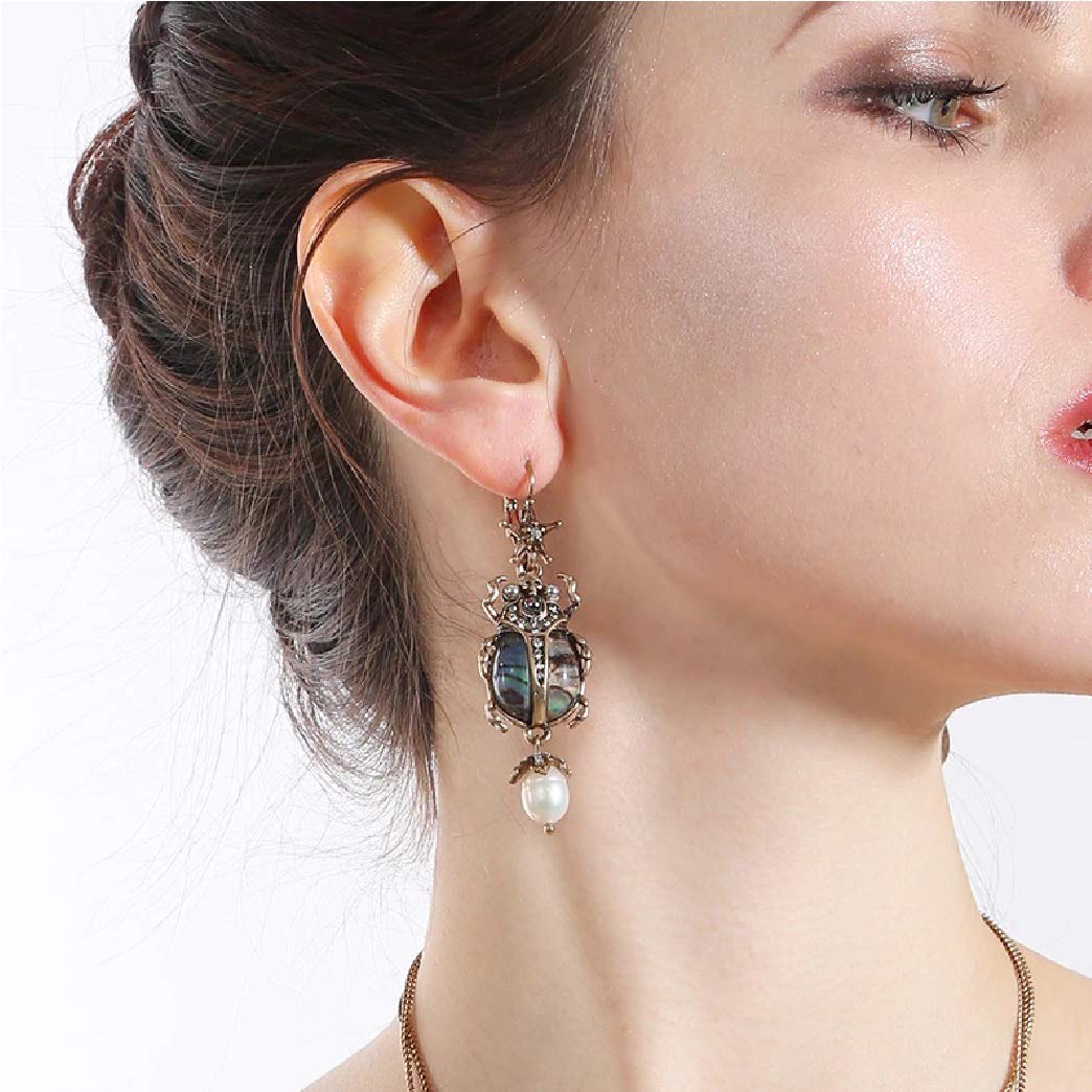 NorthStar Pearls and Jewelry Earrings Scarab Bug Beetle Dangle Drop Earrings Vintage Gold-tone Simulated Abalone. Statement earrings, big earrings