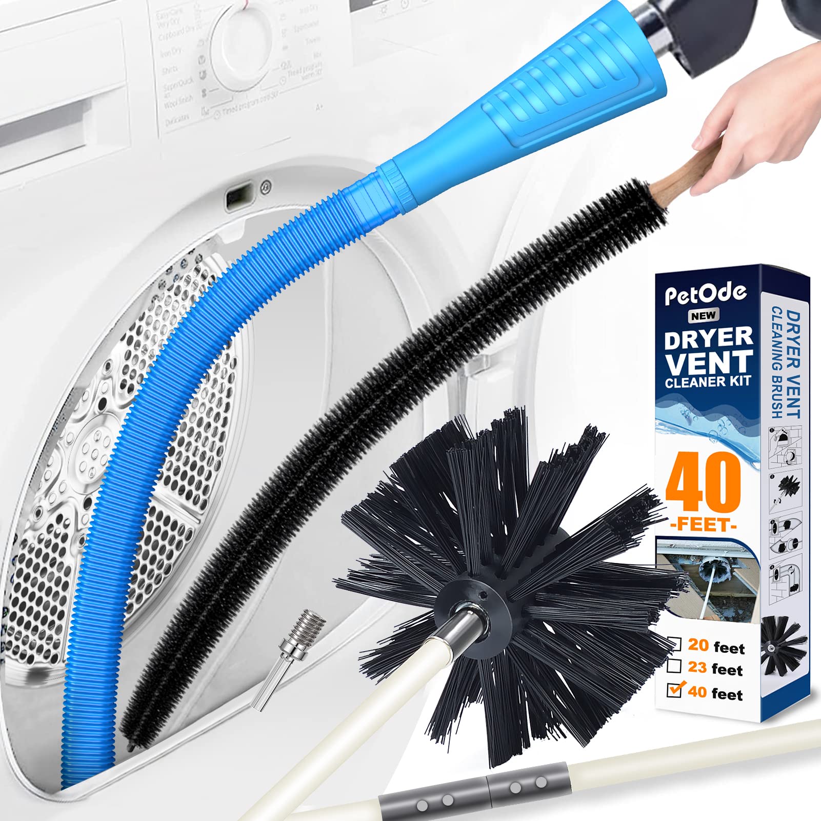 PetOde 40 Feet Dryer Vent Cleaner Kit, Enhanced Flexible Quick Snap Brush with Drill Attachment for Effective Cleaning, 360 Degree Rotation without Loosening, Use with or without a Power Drill