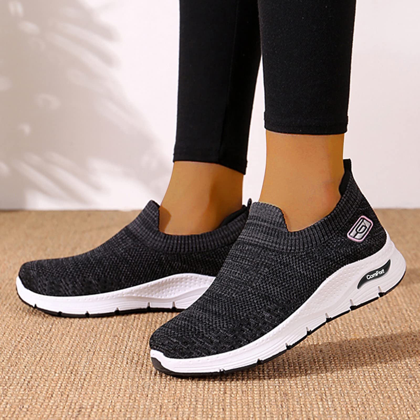 MLAGJSS Womens Arch Support Sneakers Knit Mesh Casual Shoes Unisex Fashion Breathable Slip on Flats White Womens Sneakers